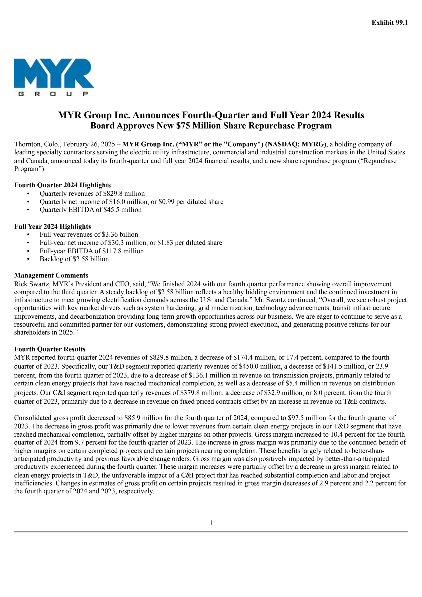 MYRG Q4 2024 Earnings Report on 2/26/2025