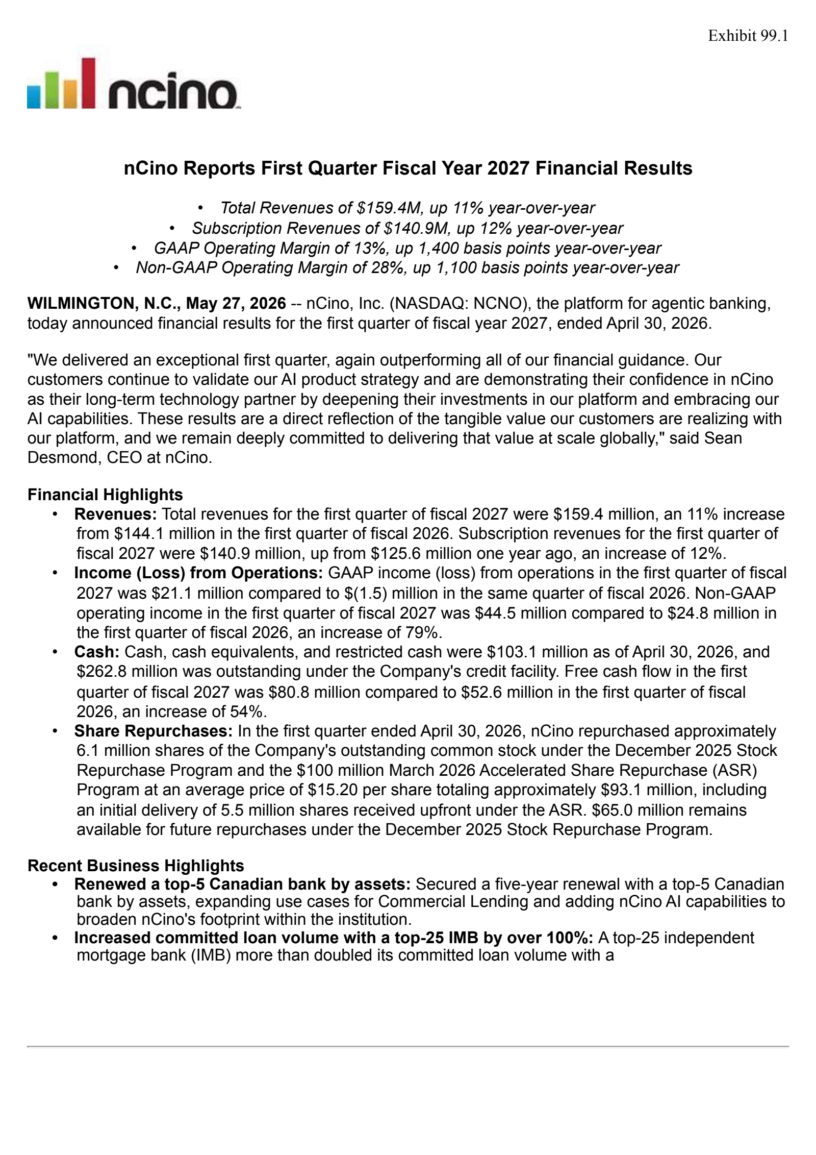 NCNO Q1 2027 Earnings Report on 5/27/2026