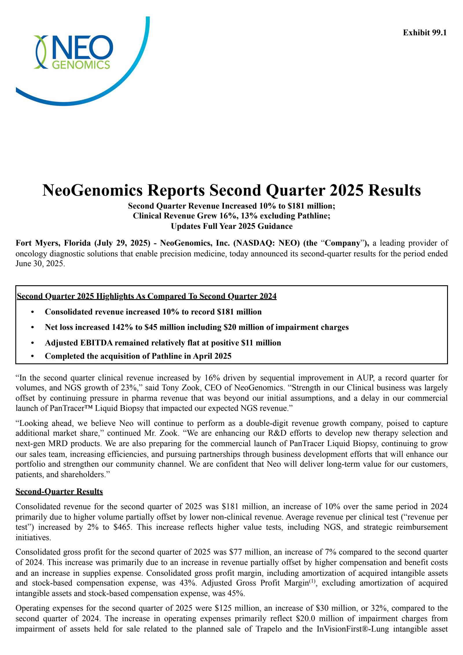 NEO Q2 2025 Earnings Report on 7/29/2025