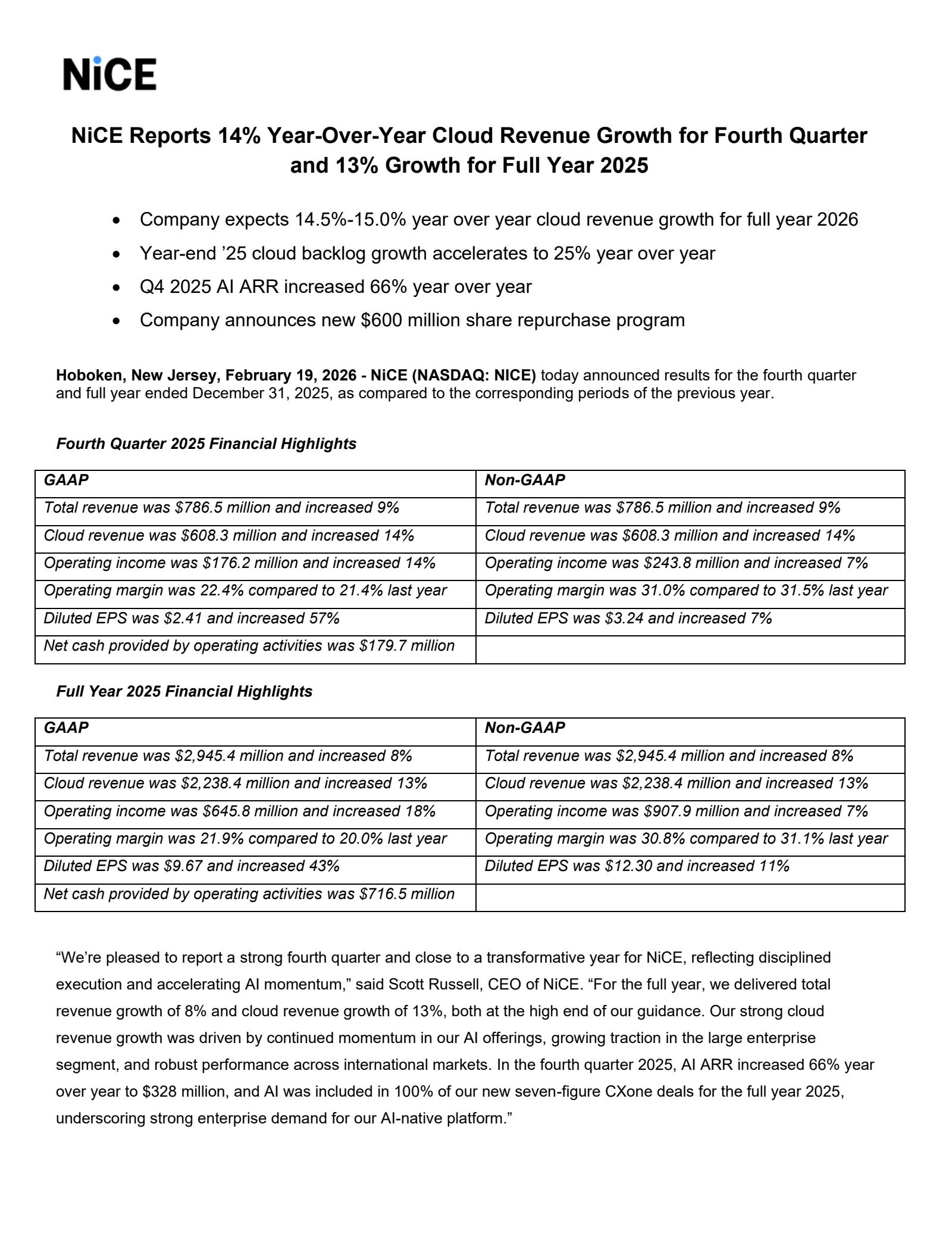 NICE Q4 2025 Earnings Report on 2/19/2026