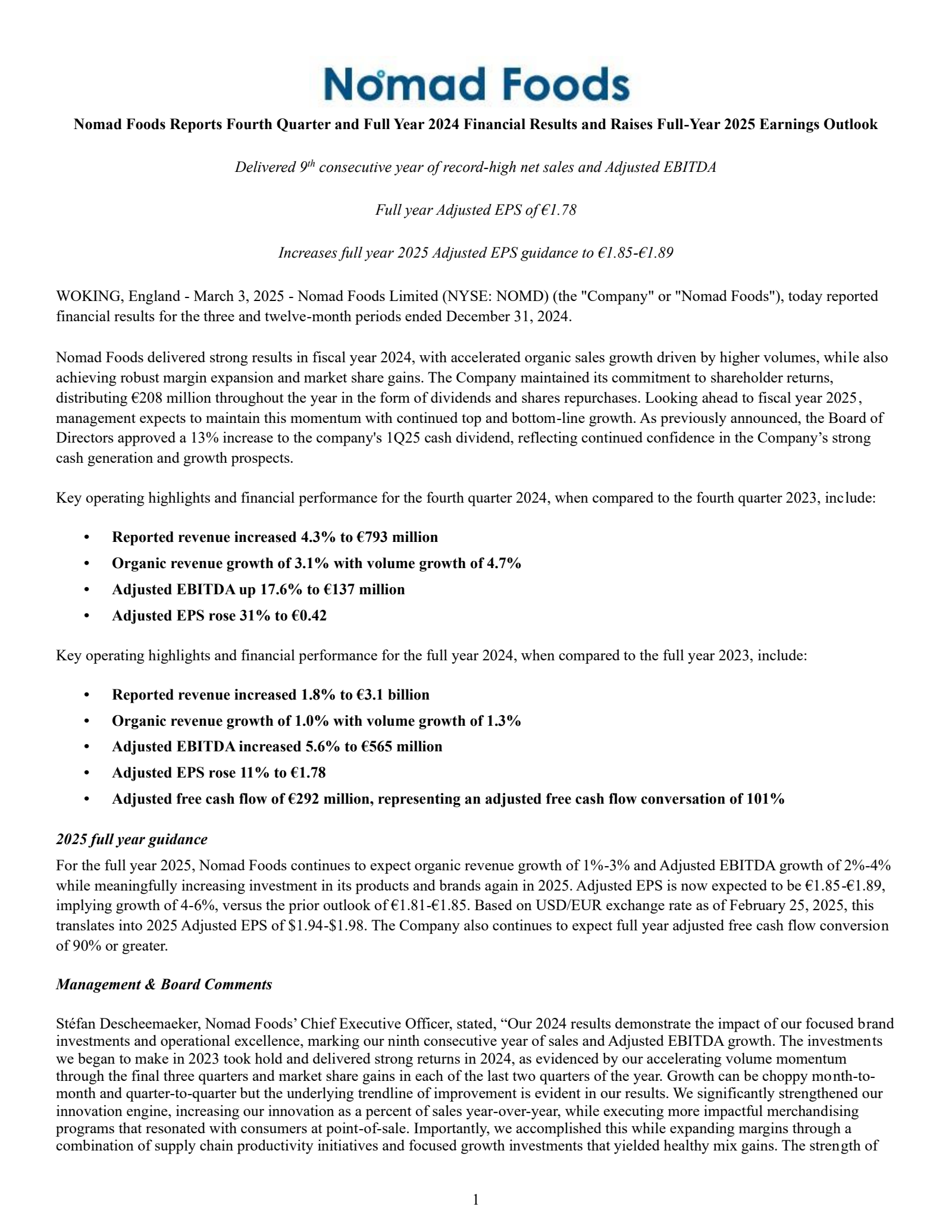 NOMD Q4 2024 Earnings Report on 3/3/2025