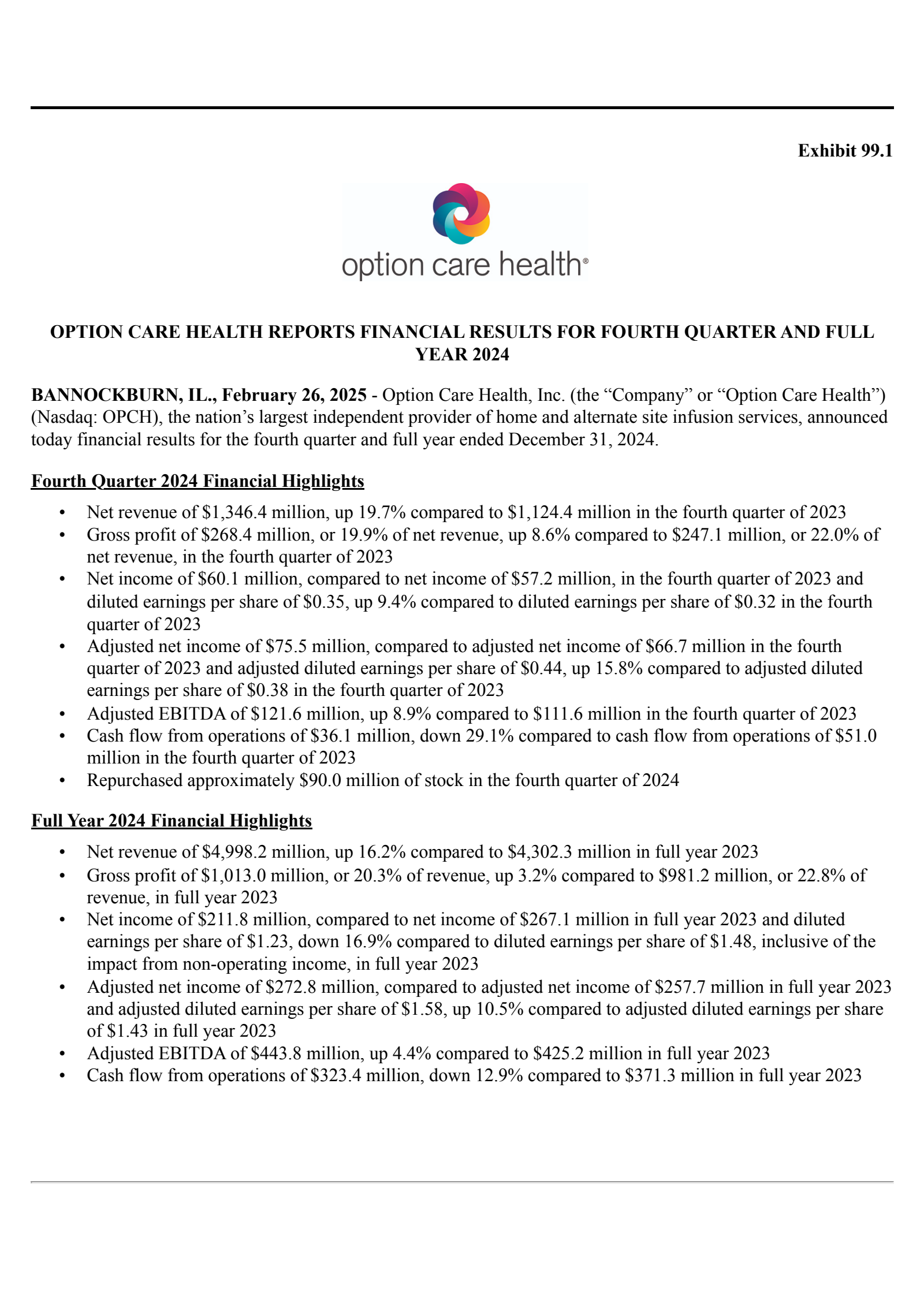 OPCH Q4 2024 Earnings Report on 2/26/2025