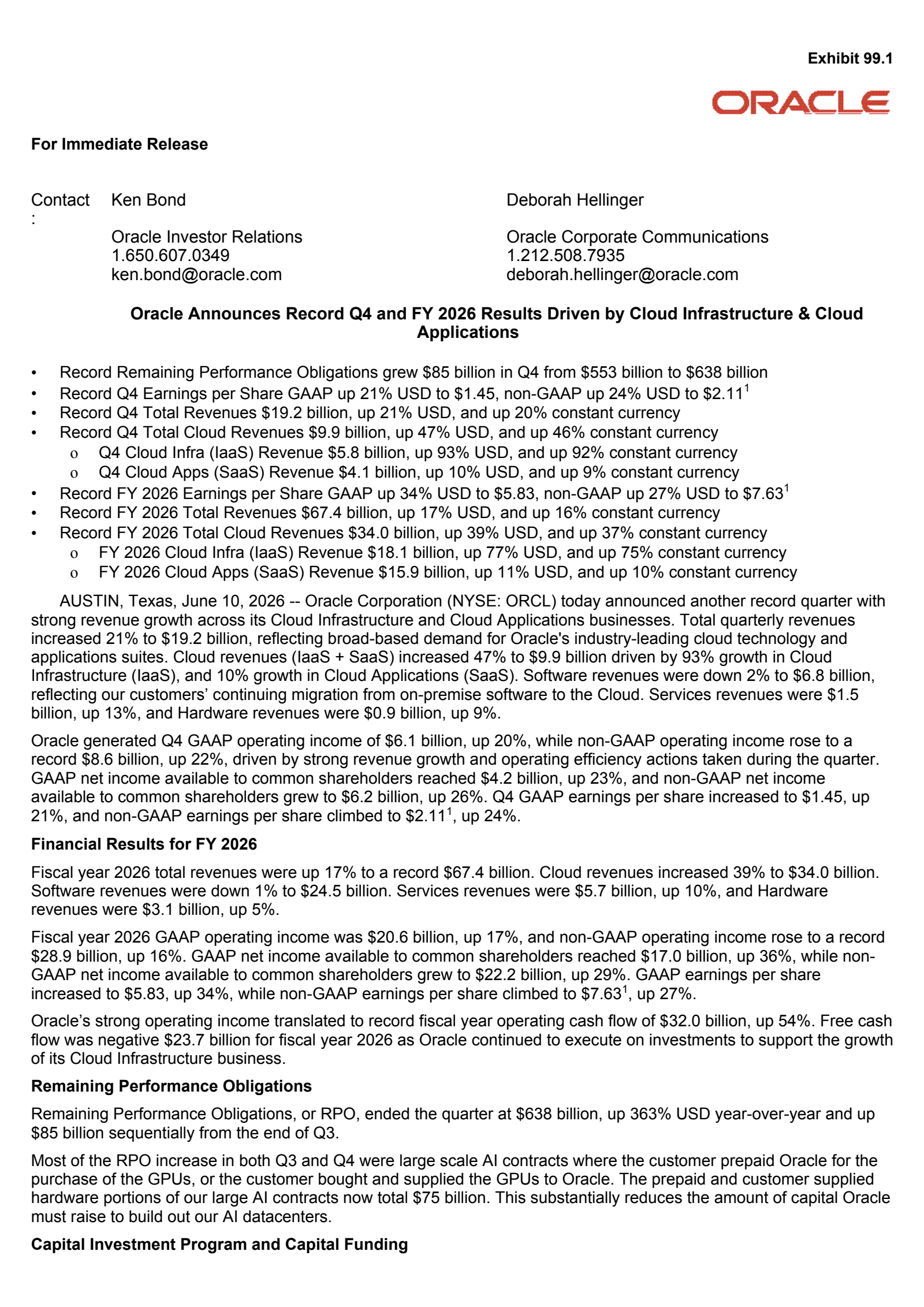 ORCL Q4 2026 Earnings Report on 6/10/2026