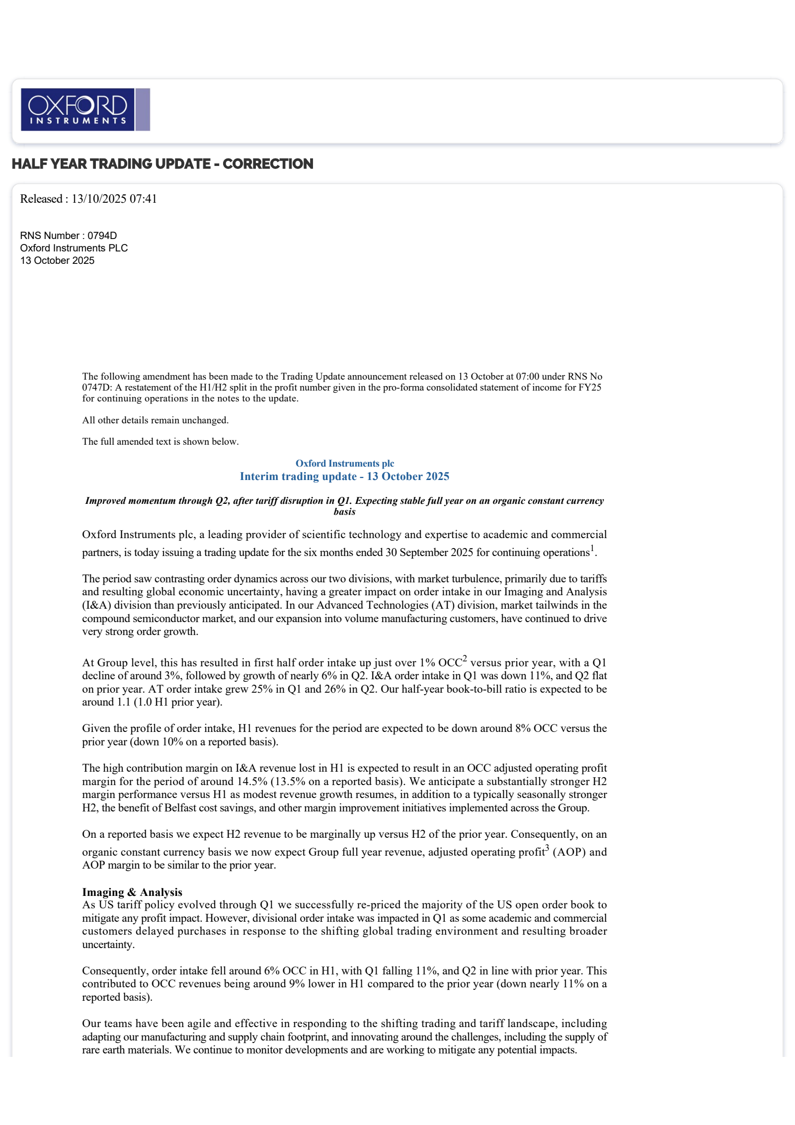 OXIG H1 2026 TU Earnings Report on 11/11/2025