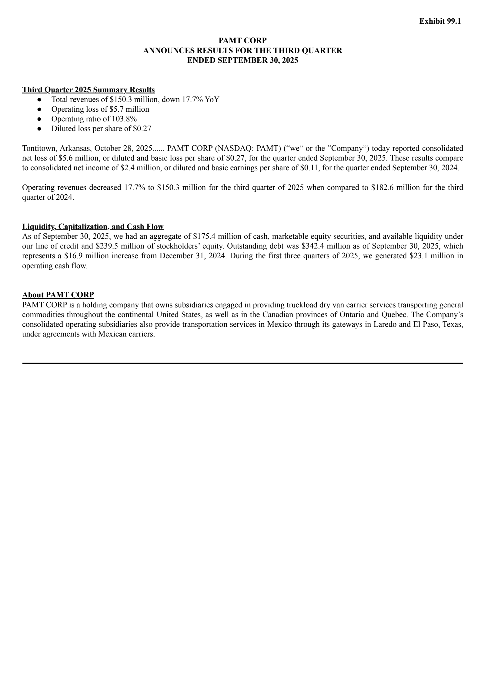 PAMT Q3 2025 Earnings Report on 10/31/2025