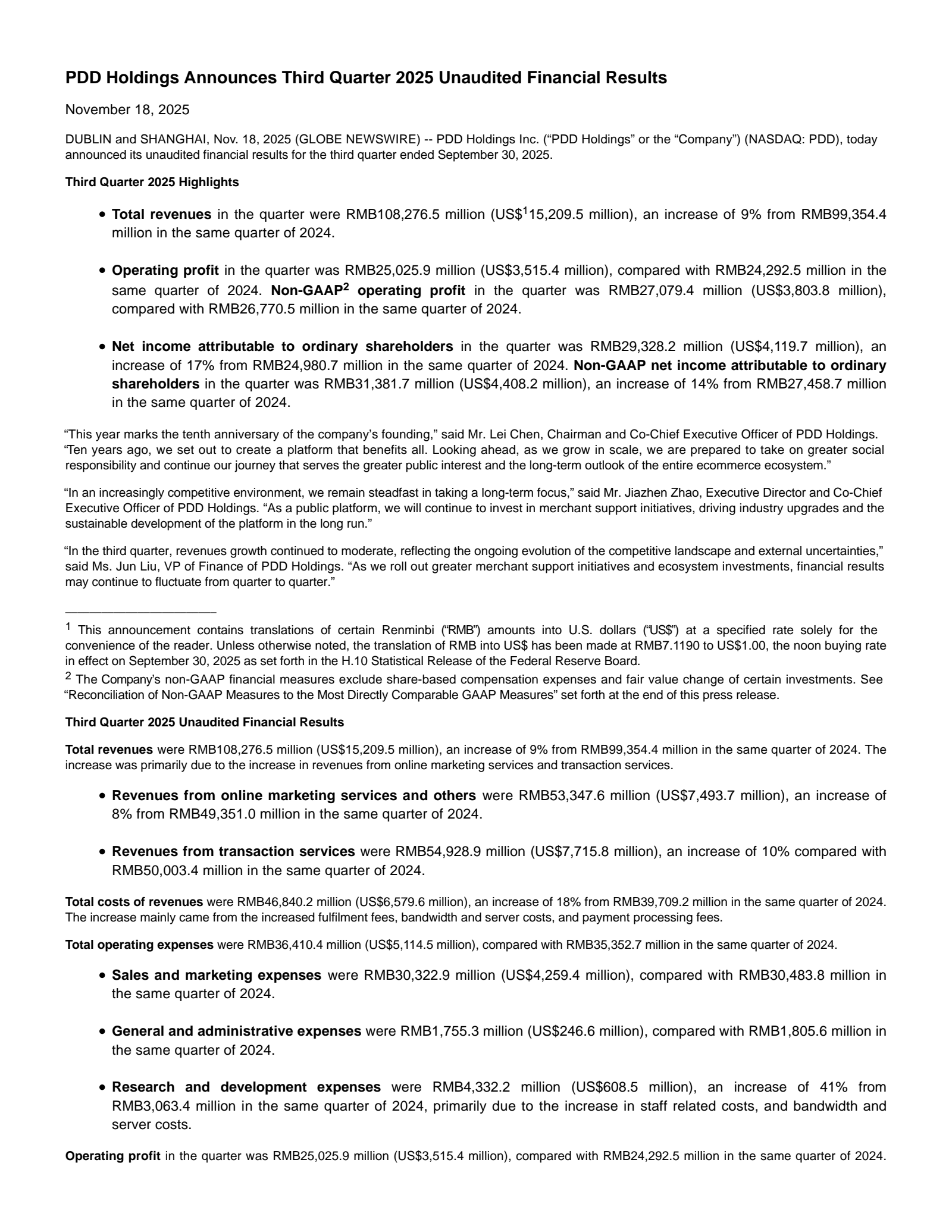 PDD Q3 2025 Earnings Report on 11/18/2025