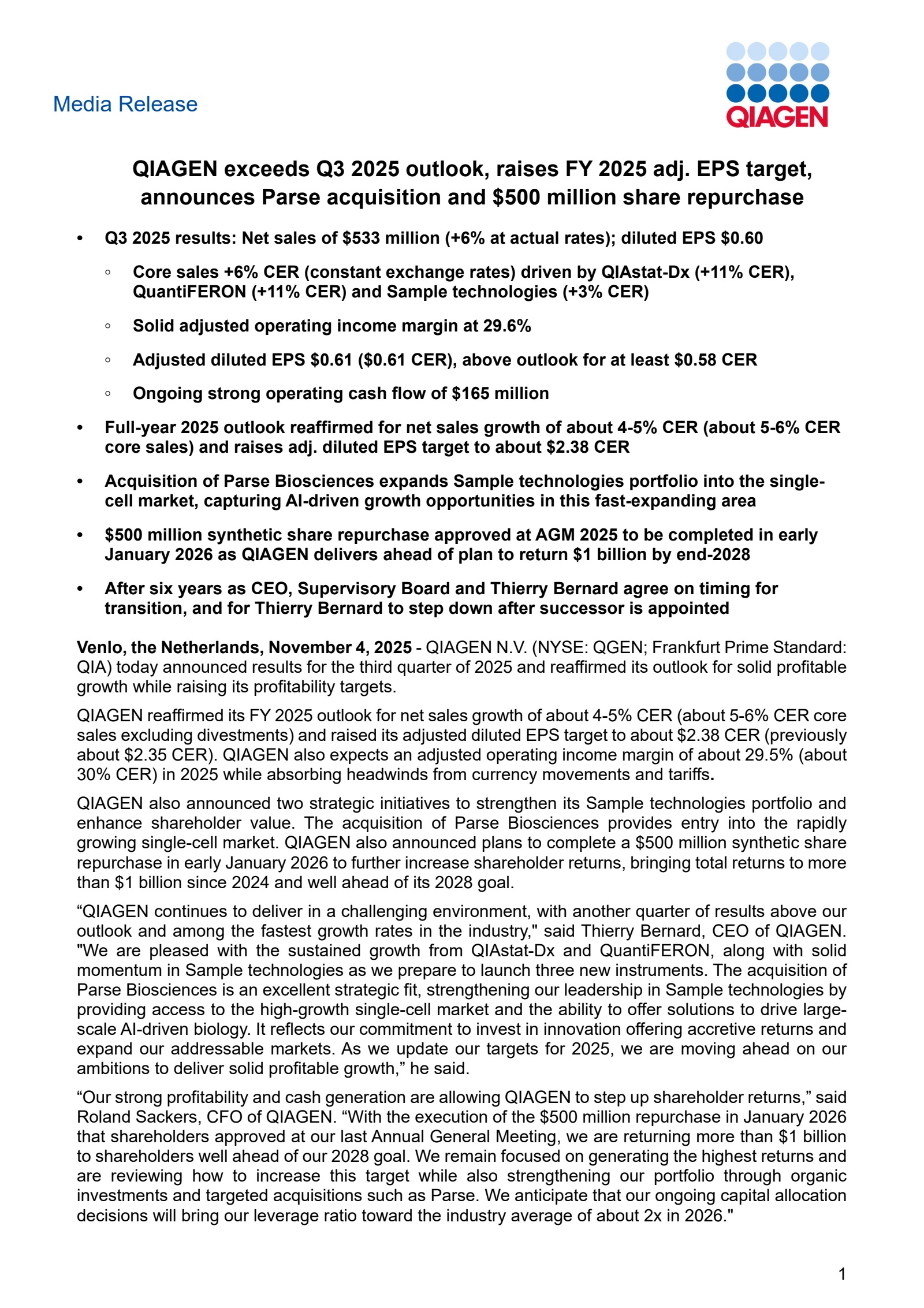 QGEN Q3 2025 Earnings Report on 11/6/2025