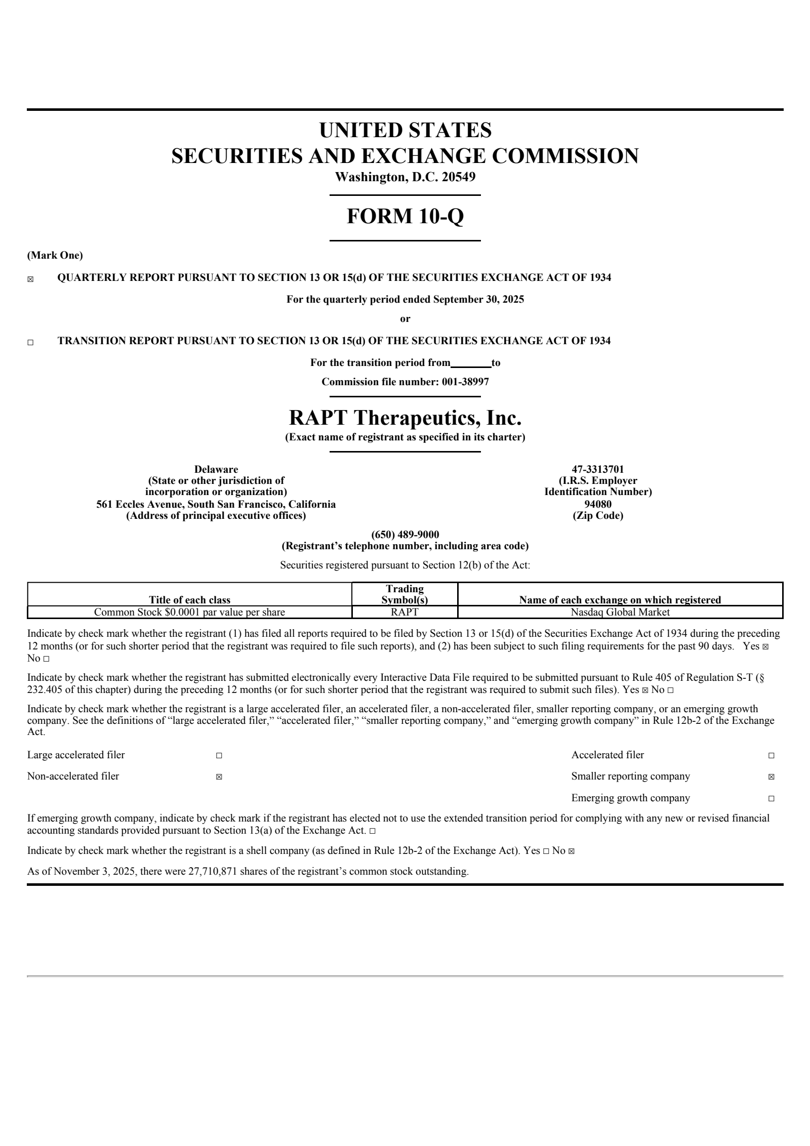 RAPT Q3 2025 Earnings Report on 11/6/2025