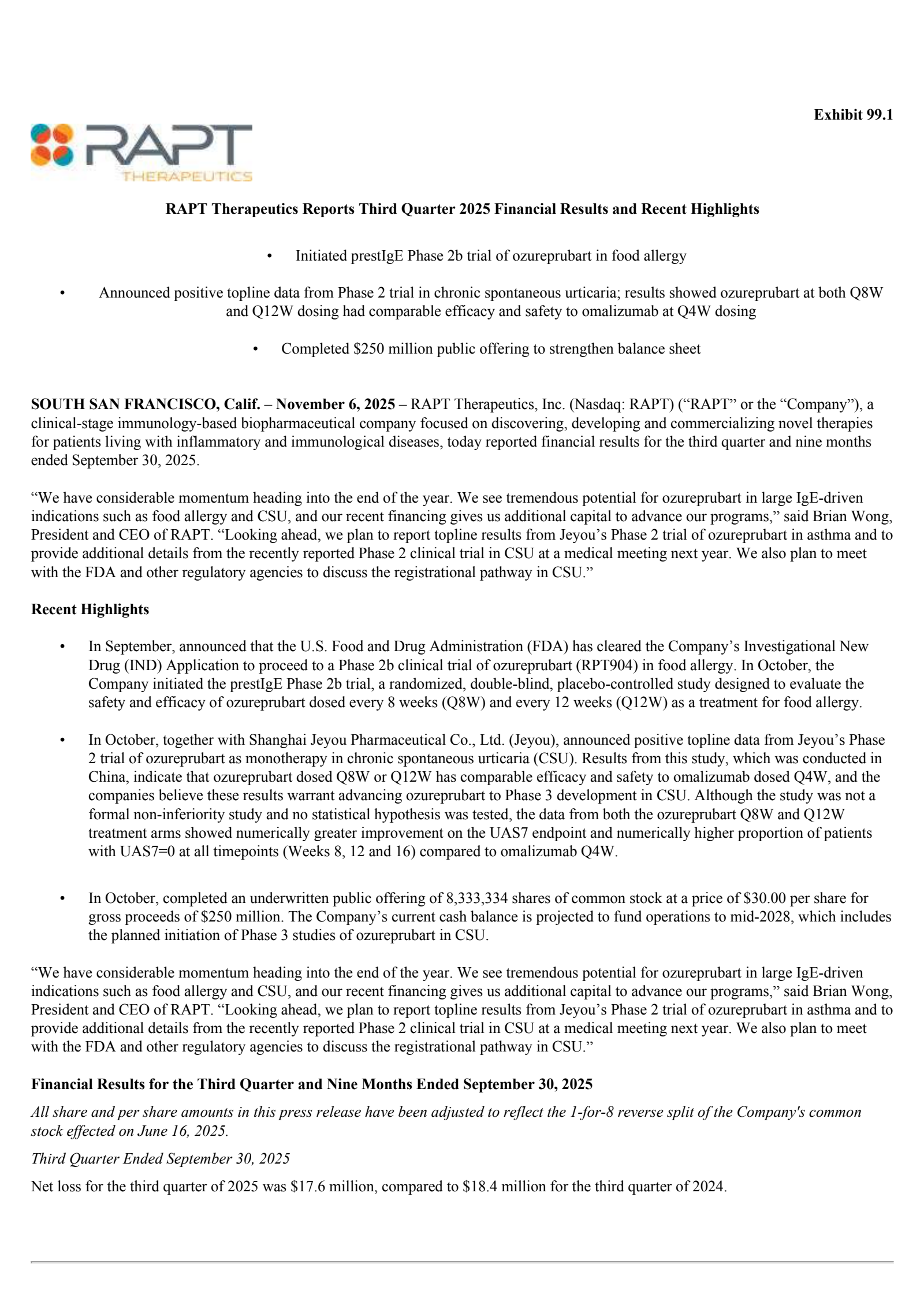 RAPT Q3 2025 Earnings Report on 11/6/2025