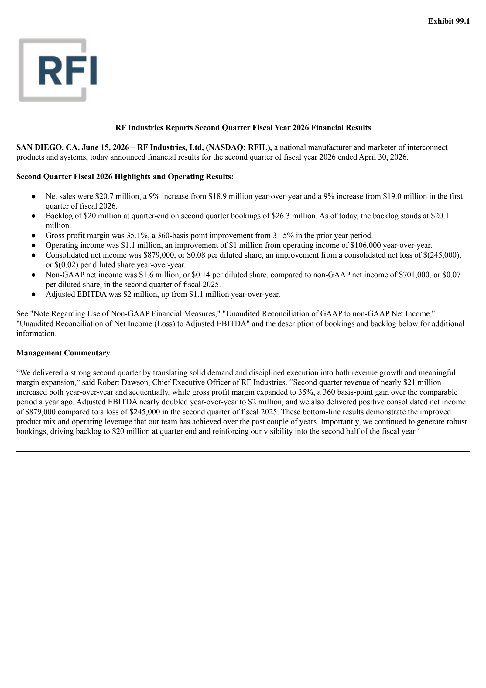 RFIL Q2 2026 Earnings Report on 6/15/2026