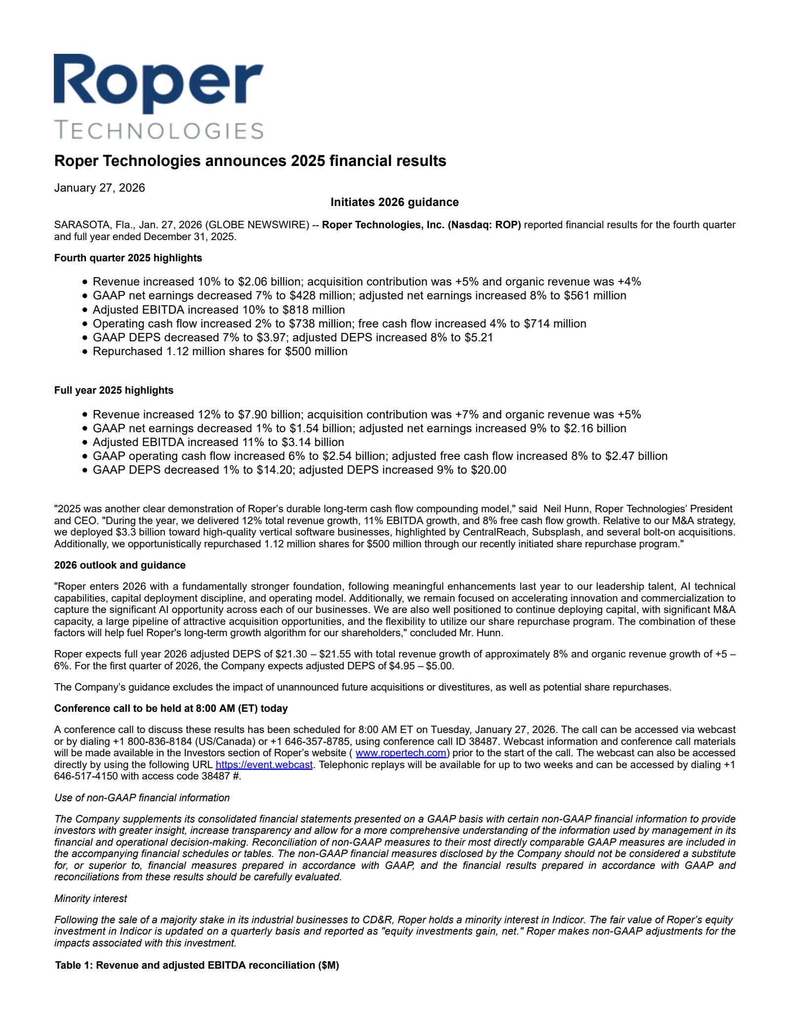 ROP Q4 2025 Earnings Report on 1/27/2026
