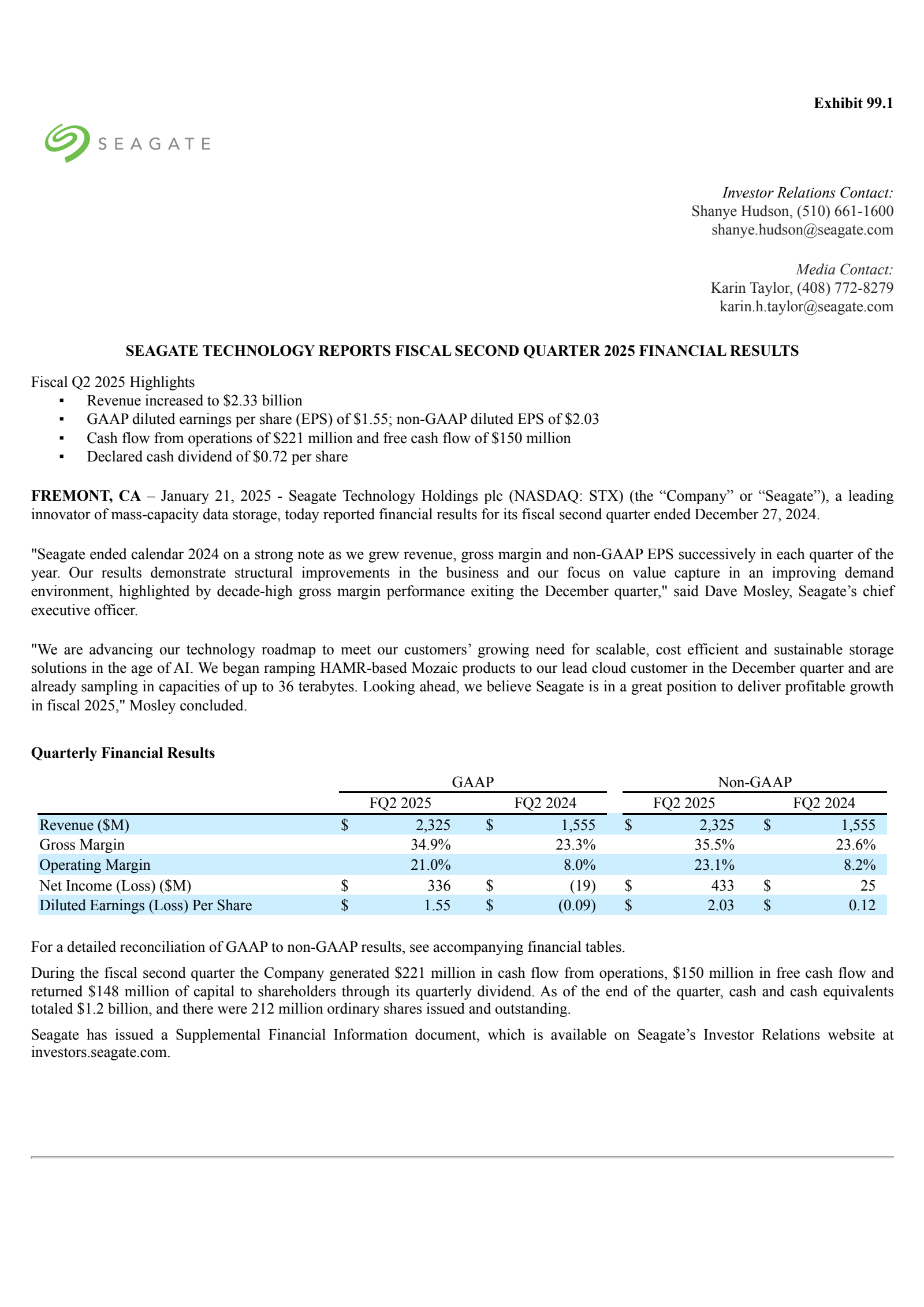 STX Q2 2025 Earnings Report on 1/21/2025