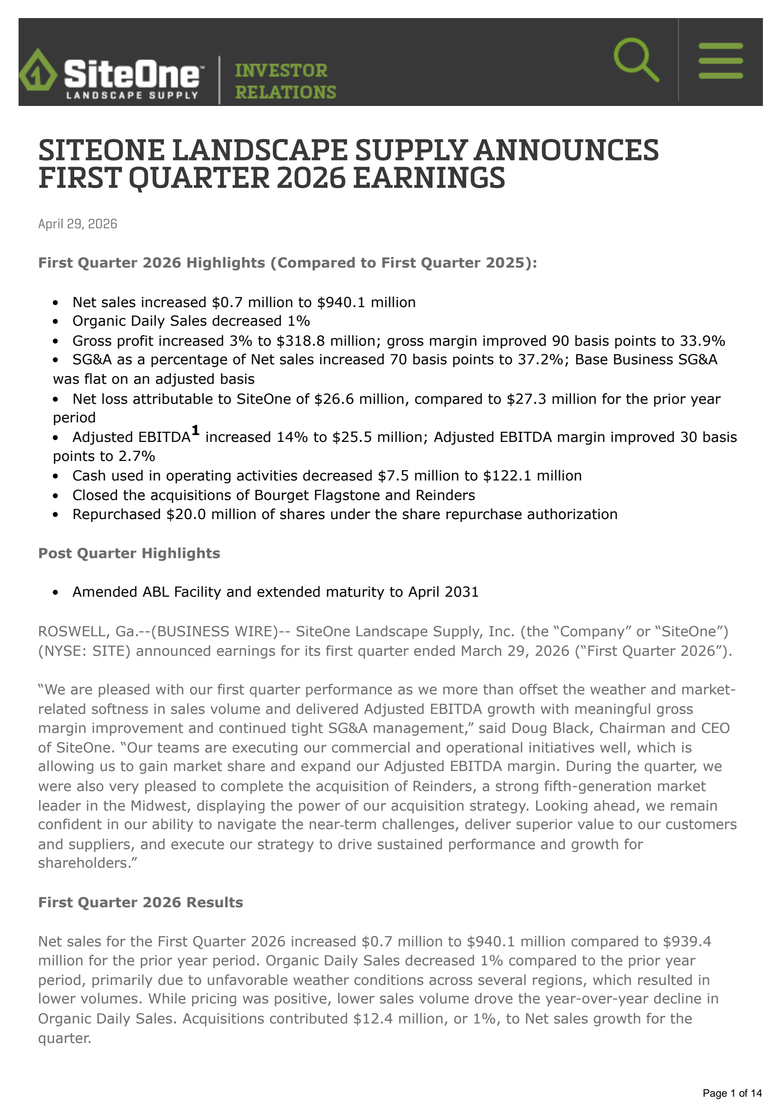 SITE Q1 2026 Earnings Report on 4/29/2026