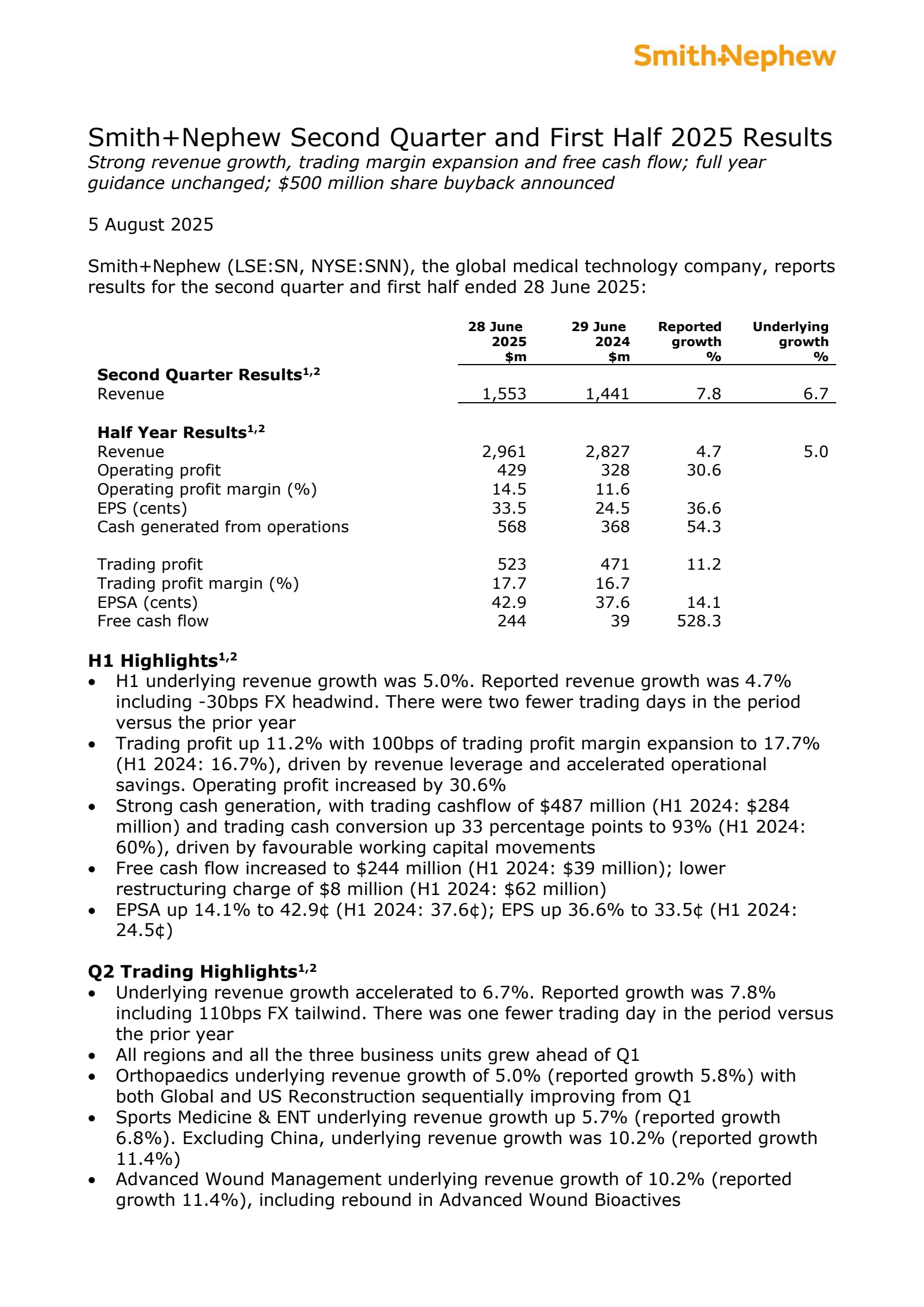SNN H1 2025 Earnings Report on 8/5/2025
