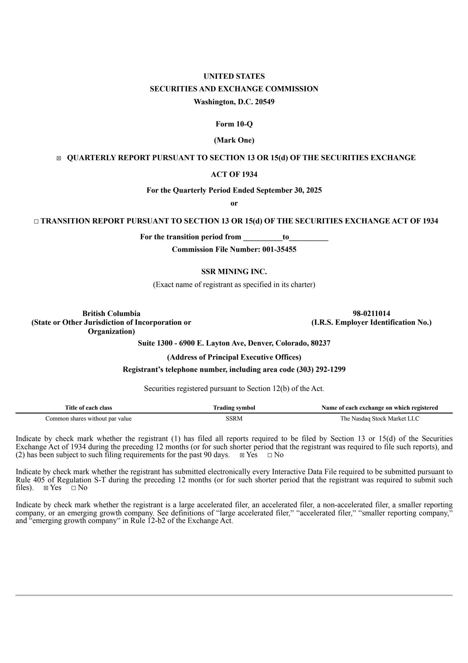 SSRM Q3 2025 Earnings Report on 11/4/2025