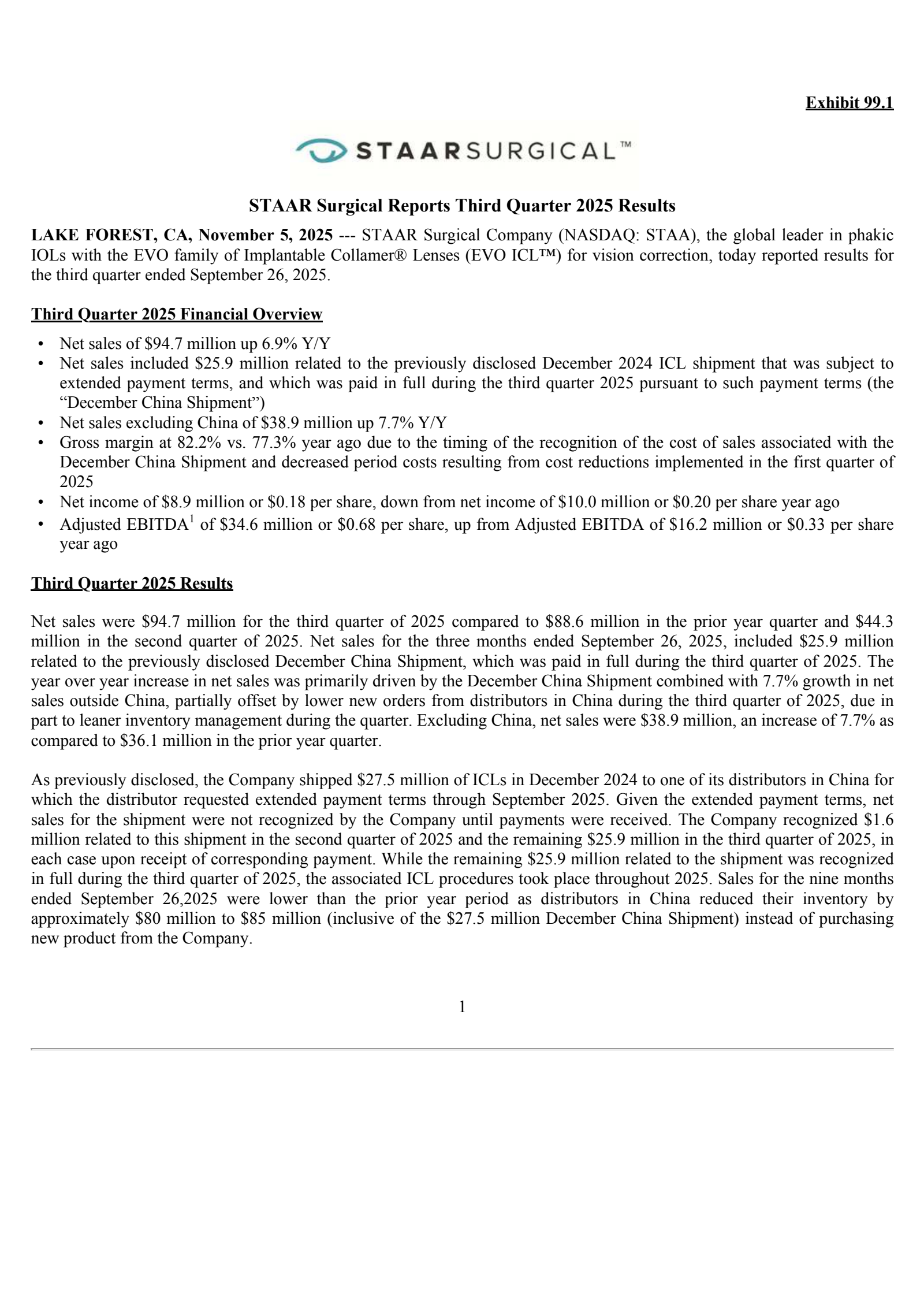 STAA Q3 2025 Earnings Report on 11/5/2025