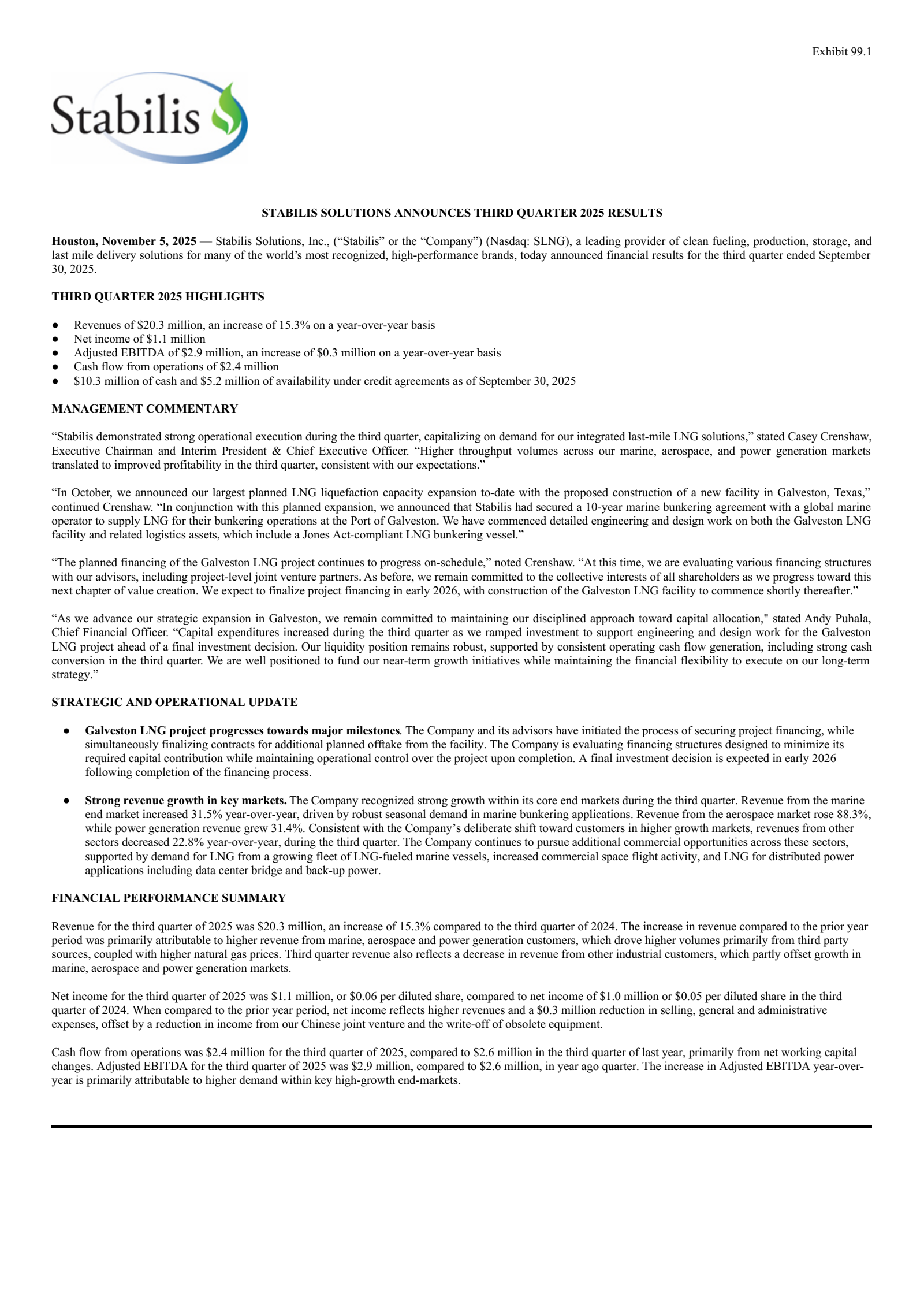 SLNG Q3 2025 Earnings Report on 11/5/2025