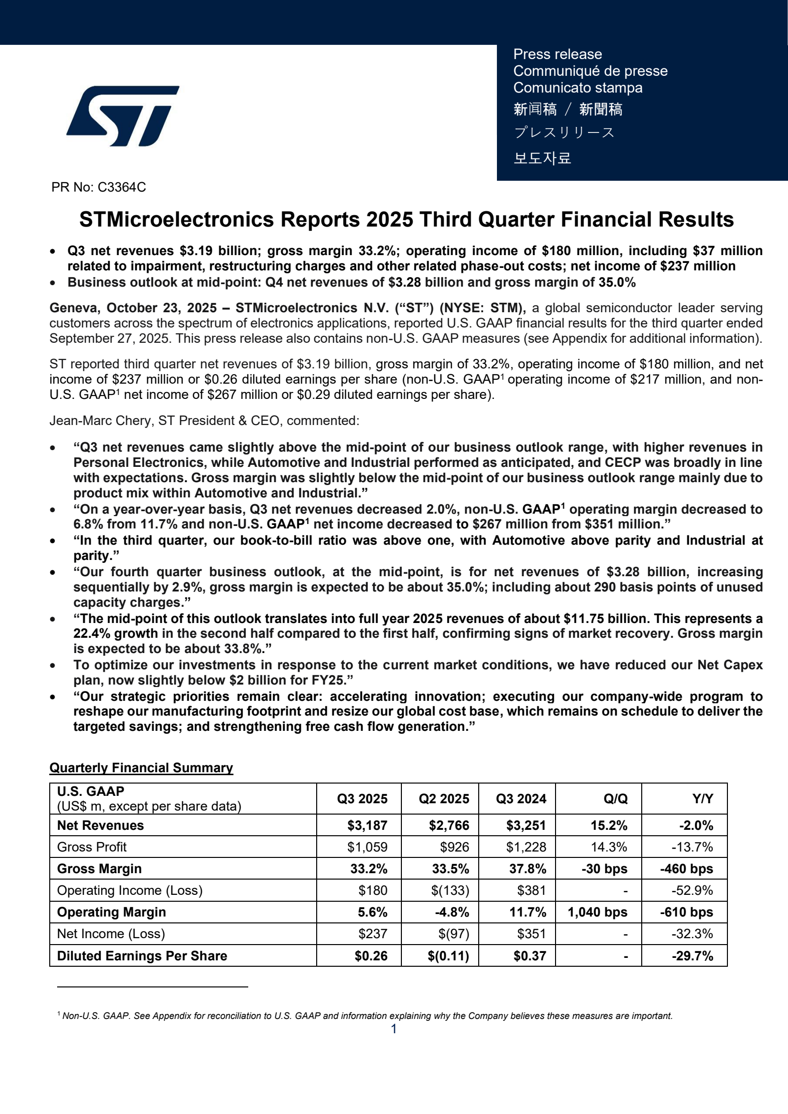 STM Q3 2025 Earnings Report on 10/23/2025