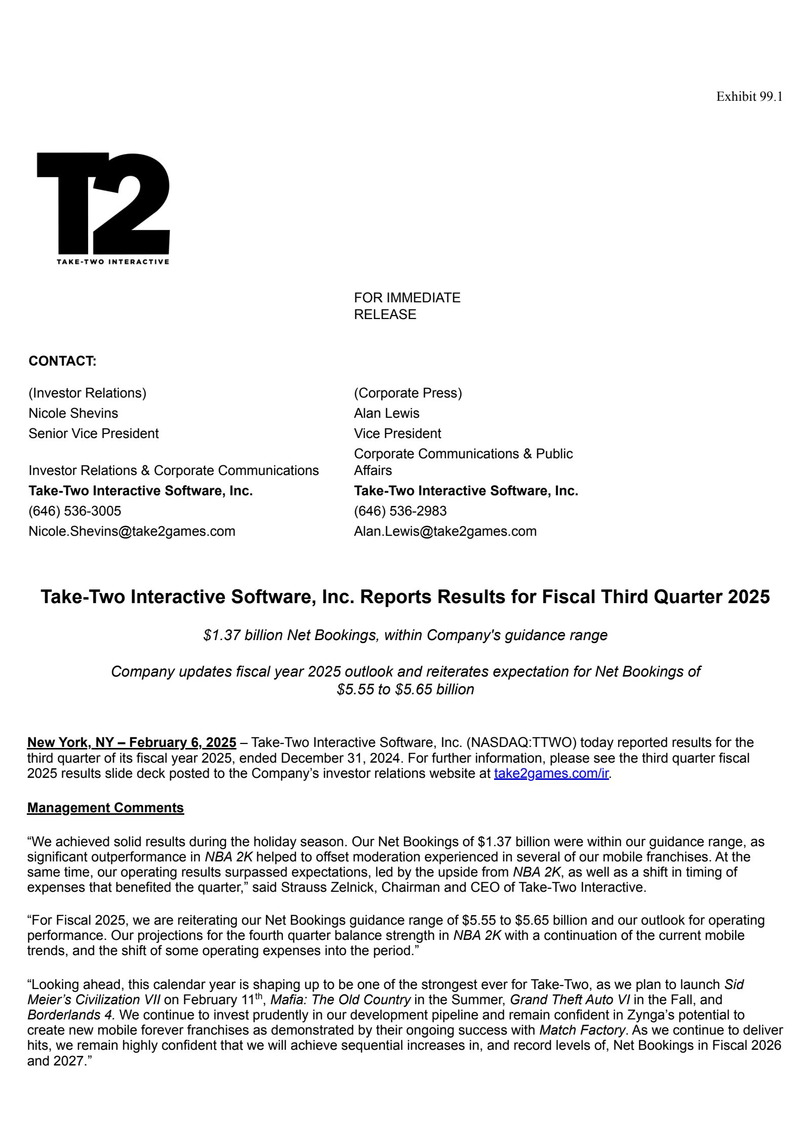 TTWO Q3 2025 Earnings Report on 2/6/2025