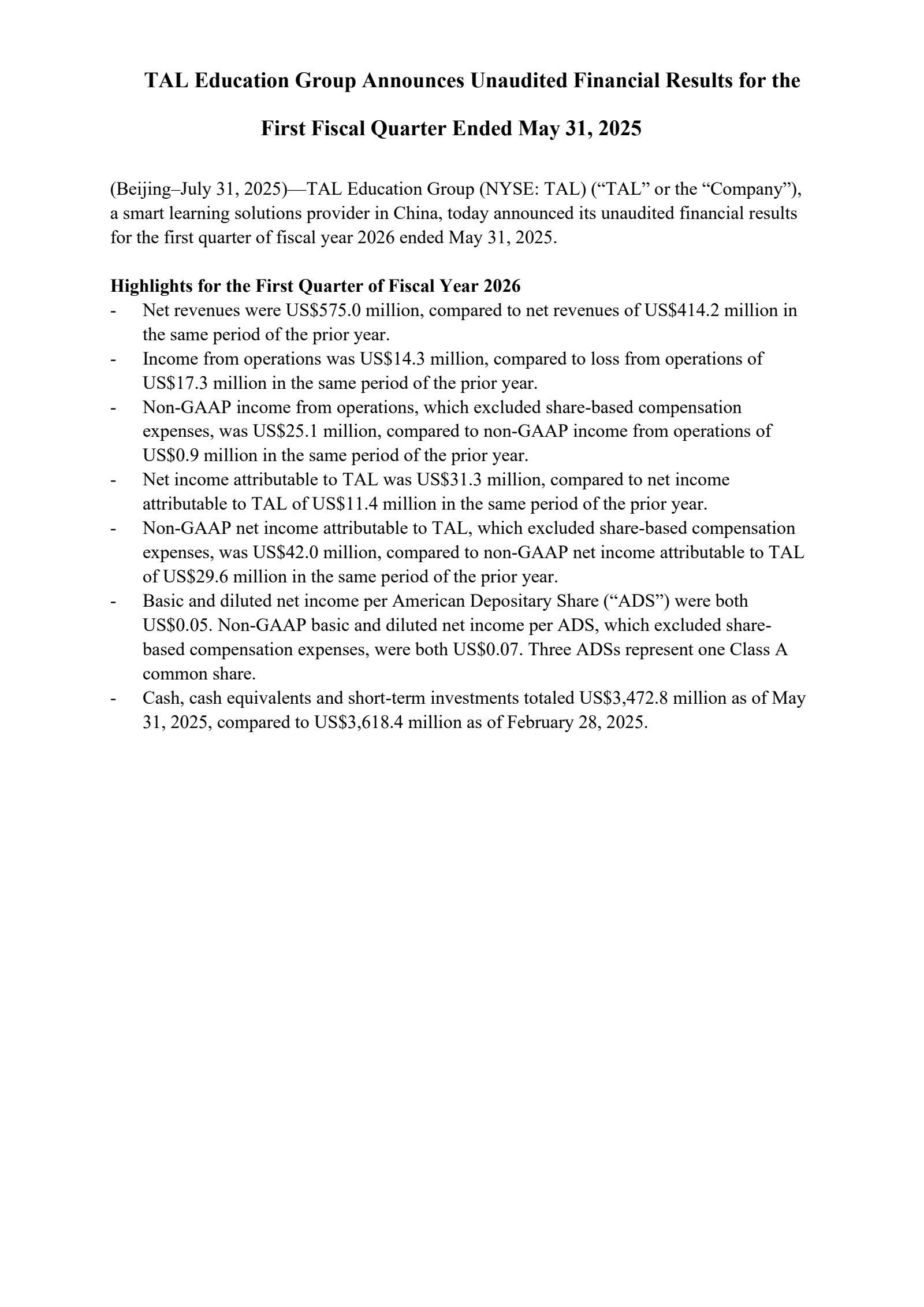 TAL Q1 2026 Earnings Report on 7/31/2025