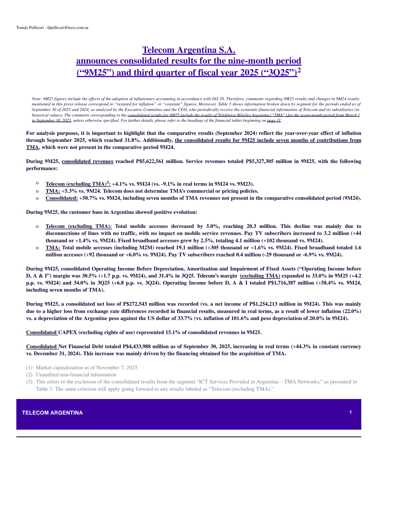 TEO Q3 2025 Earnings Report on 11/10/2025