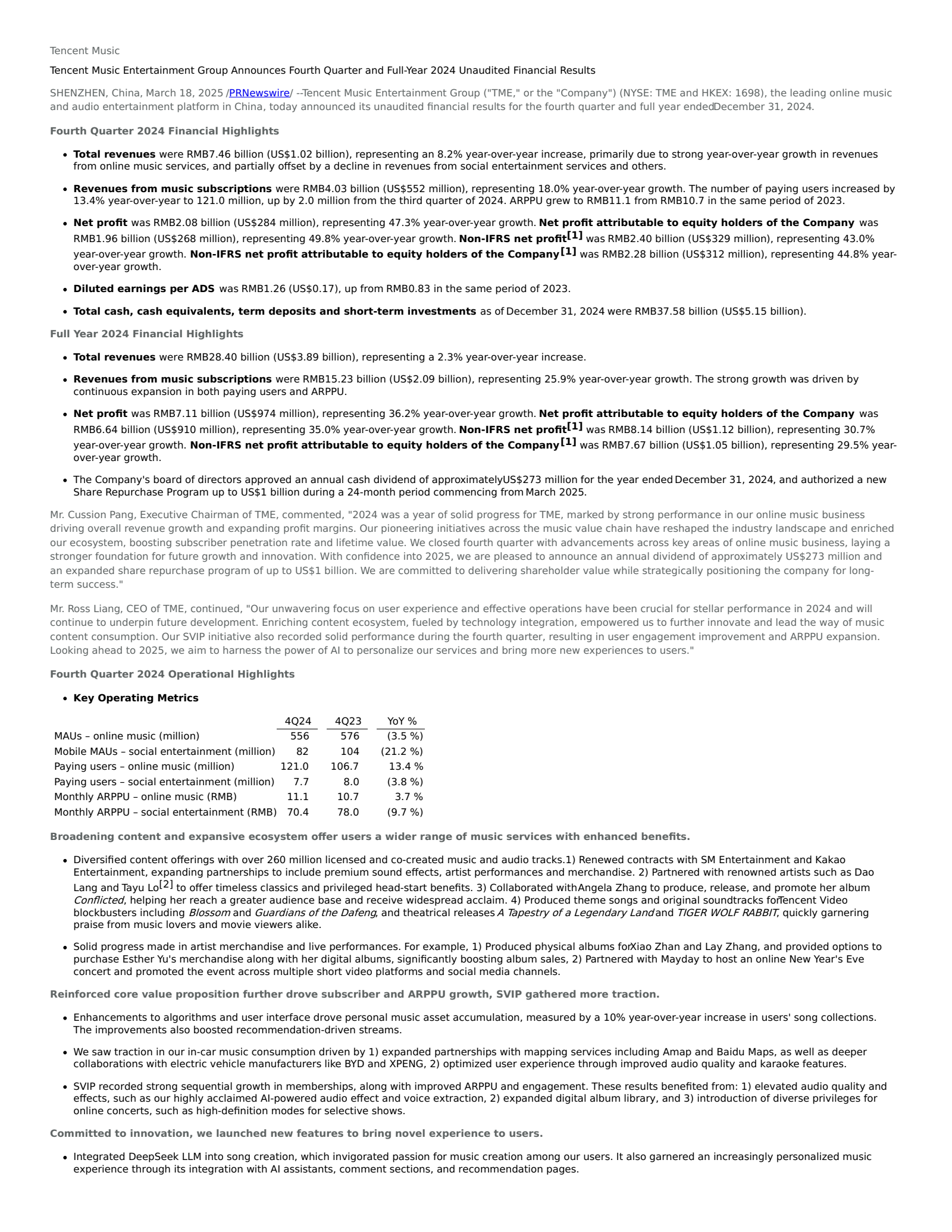 TME Q4 2024 Earnings Report on 3/18/2025
