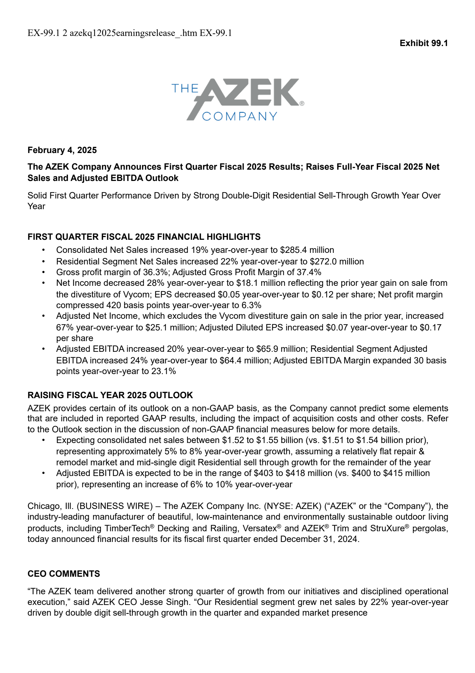 AZEK Q1 2025 Earnings Report on 2/4/2025