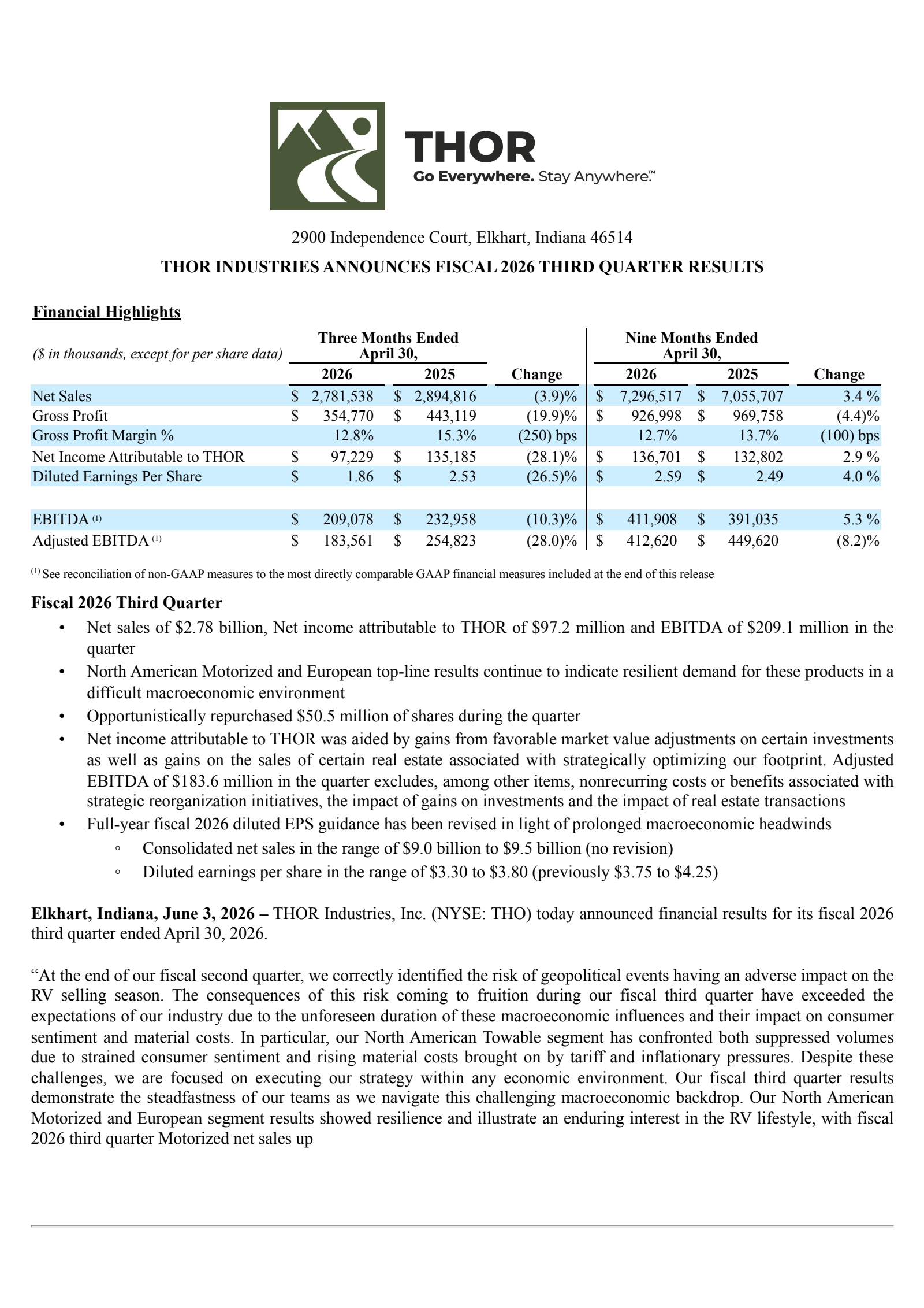 THO Q3 2026 Earnings Report on 6/3/2026