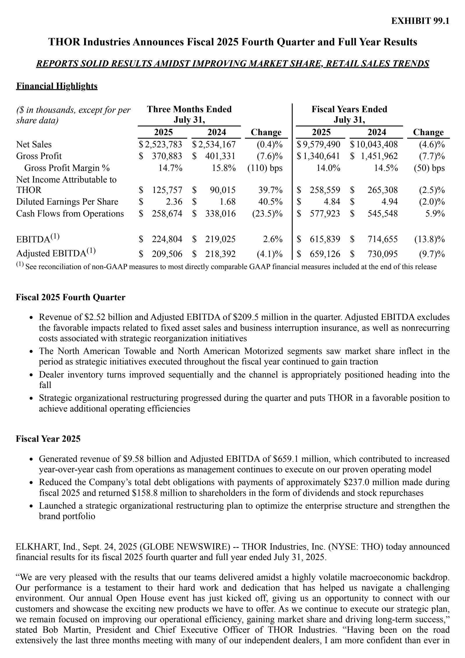 THO Q4 2025 Earnings Report on 9/24/2025