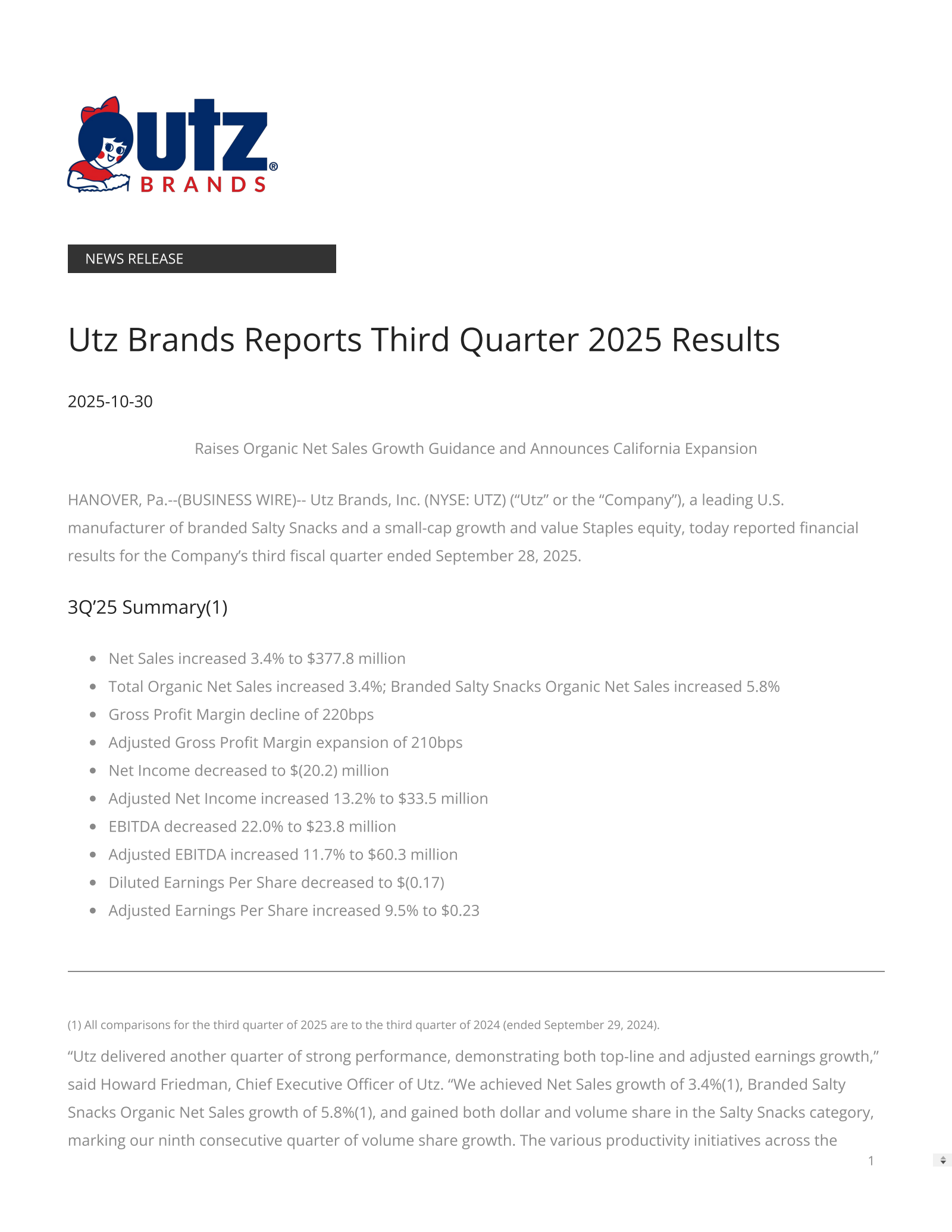 UTZ Q3 2025 Prepared Remarks Earnings Report on 10/30/2025