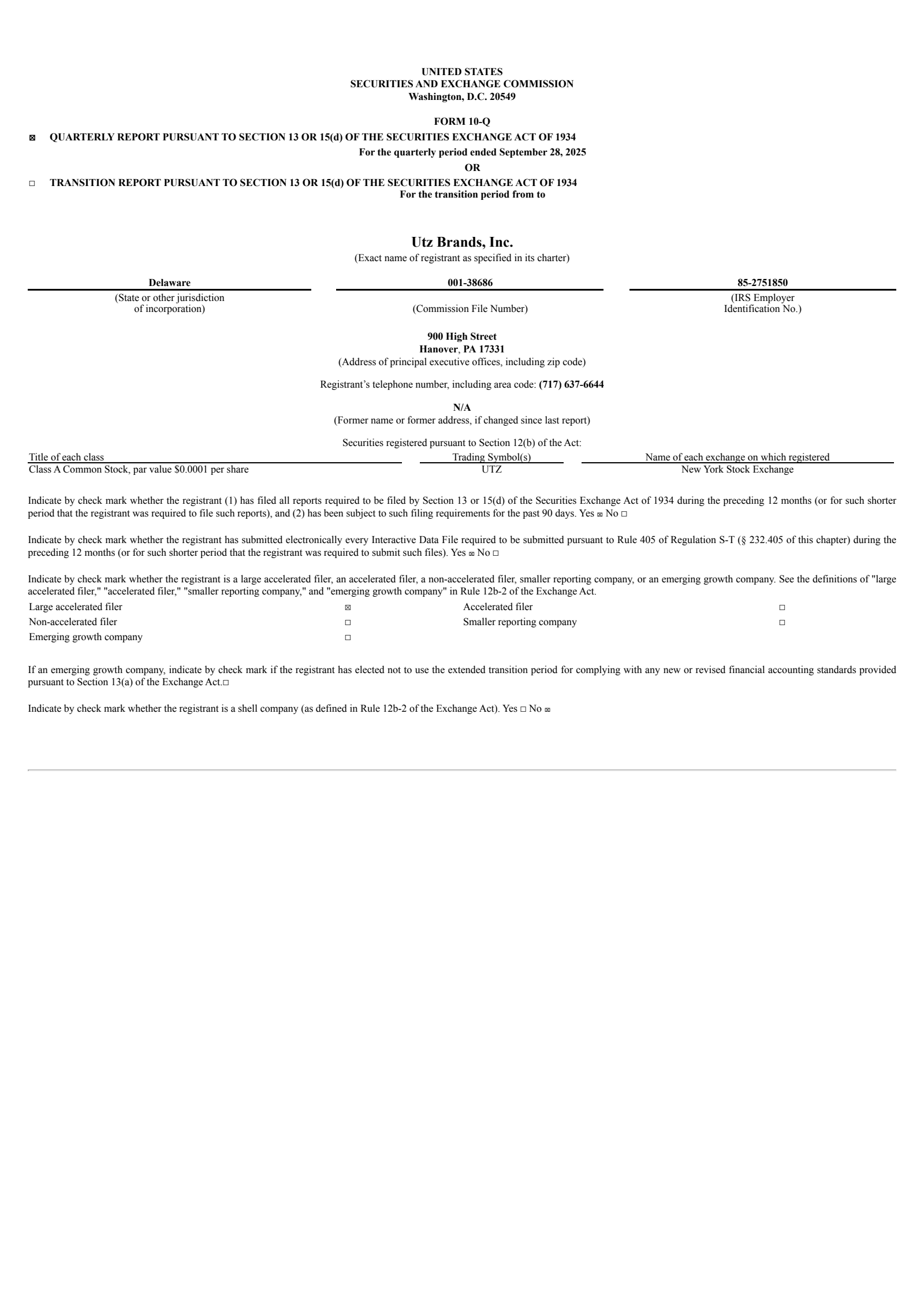 UTZ Q3 2025 Prepared Remarks Earnings Report on 10/30/2025