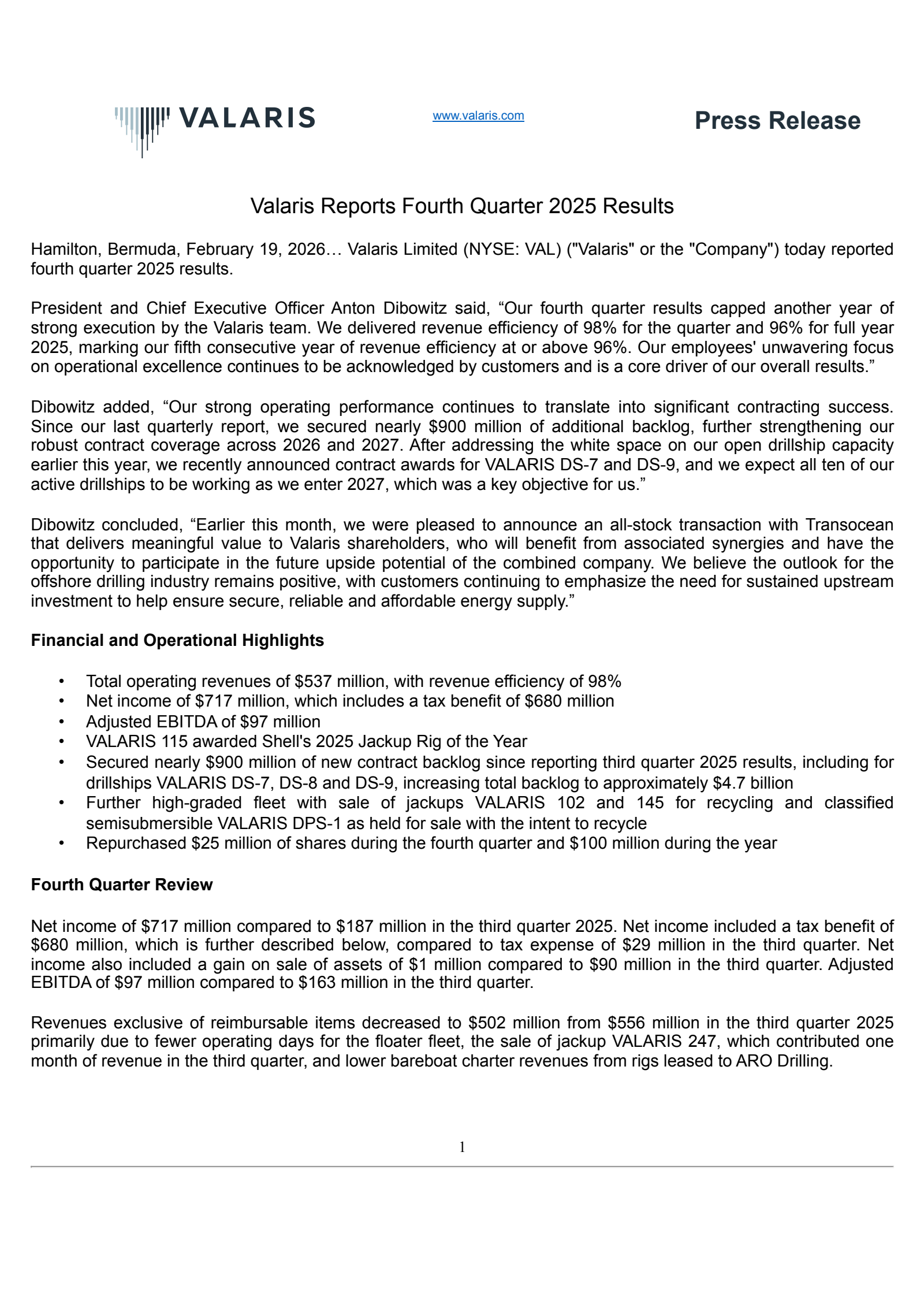 VAL Q4 2025 Earnings Report on 2/19/2026