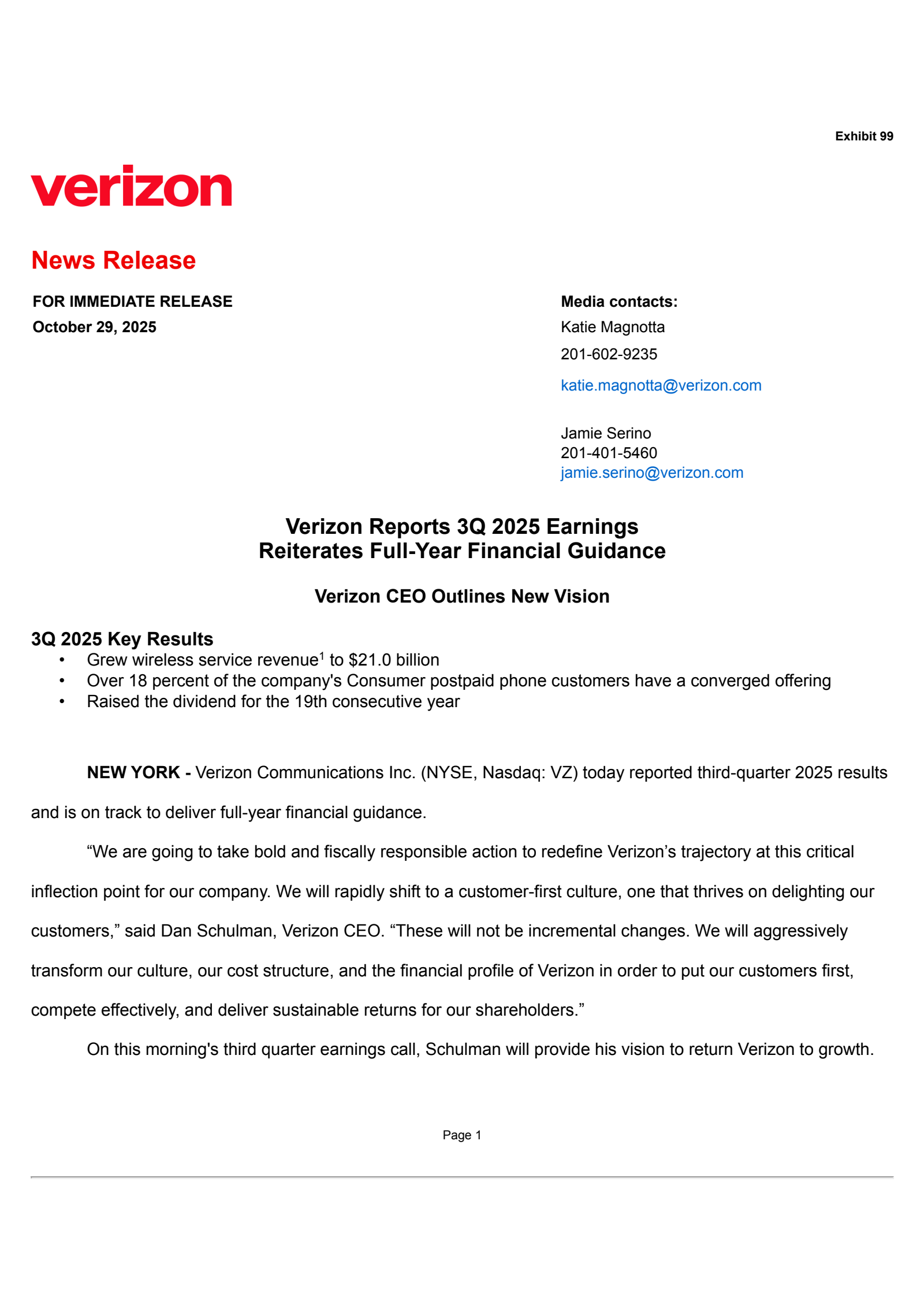 VZ Q3 2025 Earnings Report on 10/29/2025