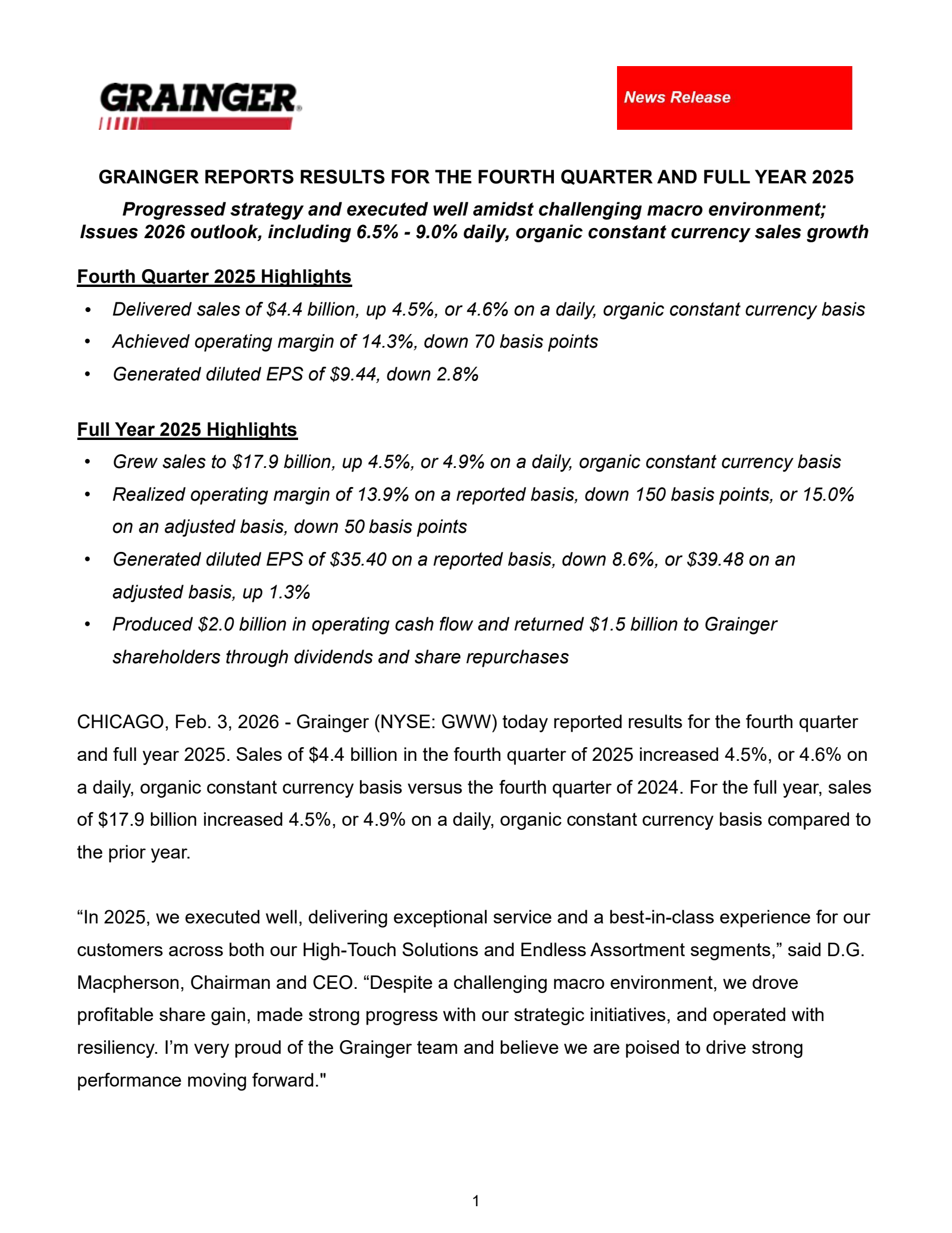 GWW Q4 2025 Earnings Report on 2/3/2026