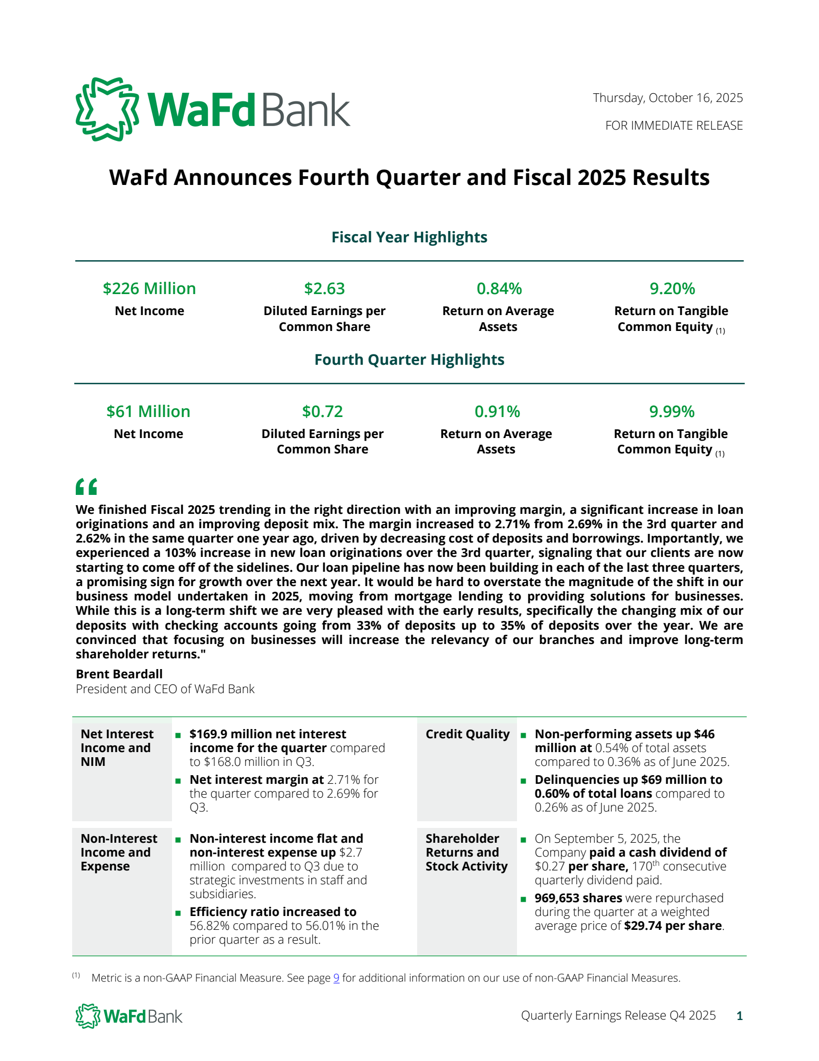 WAFD Q4 2025 Earnings Report on 10/16/2025