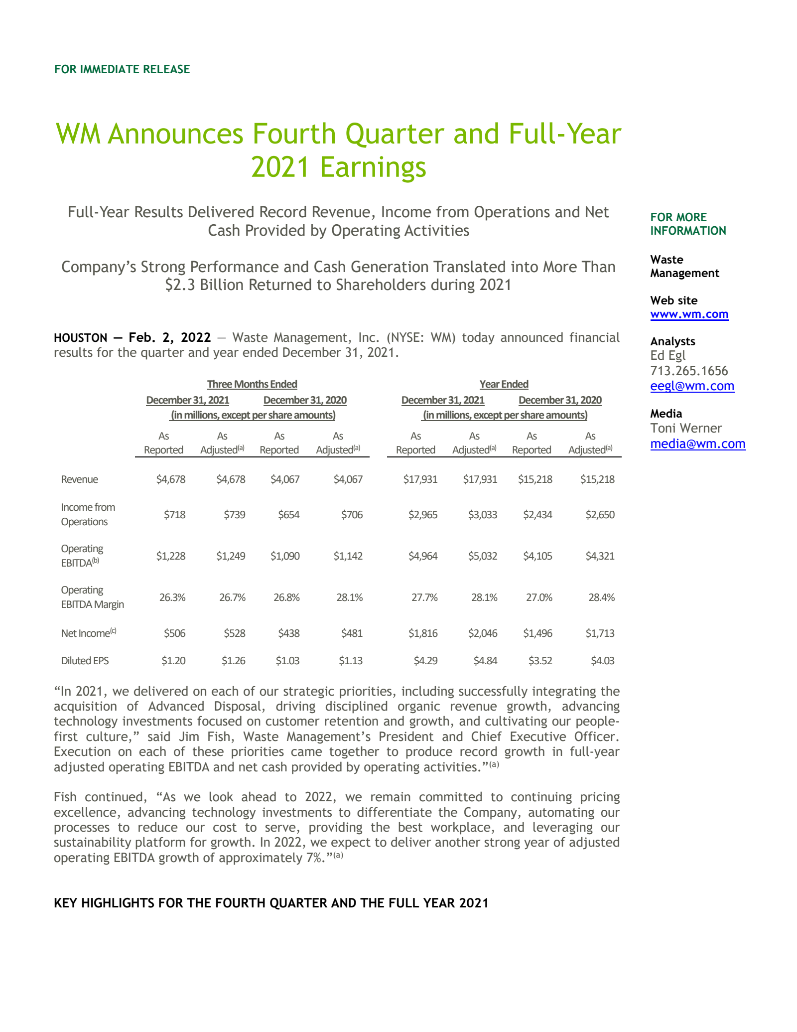 WM Q4 2021 Earnings Report on 2/2/2022