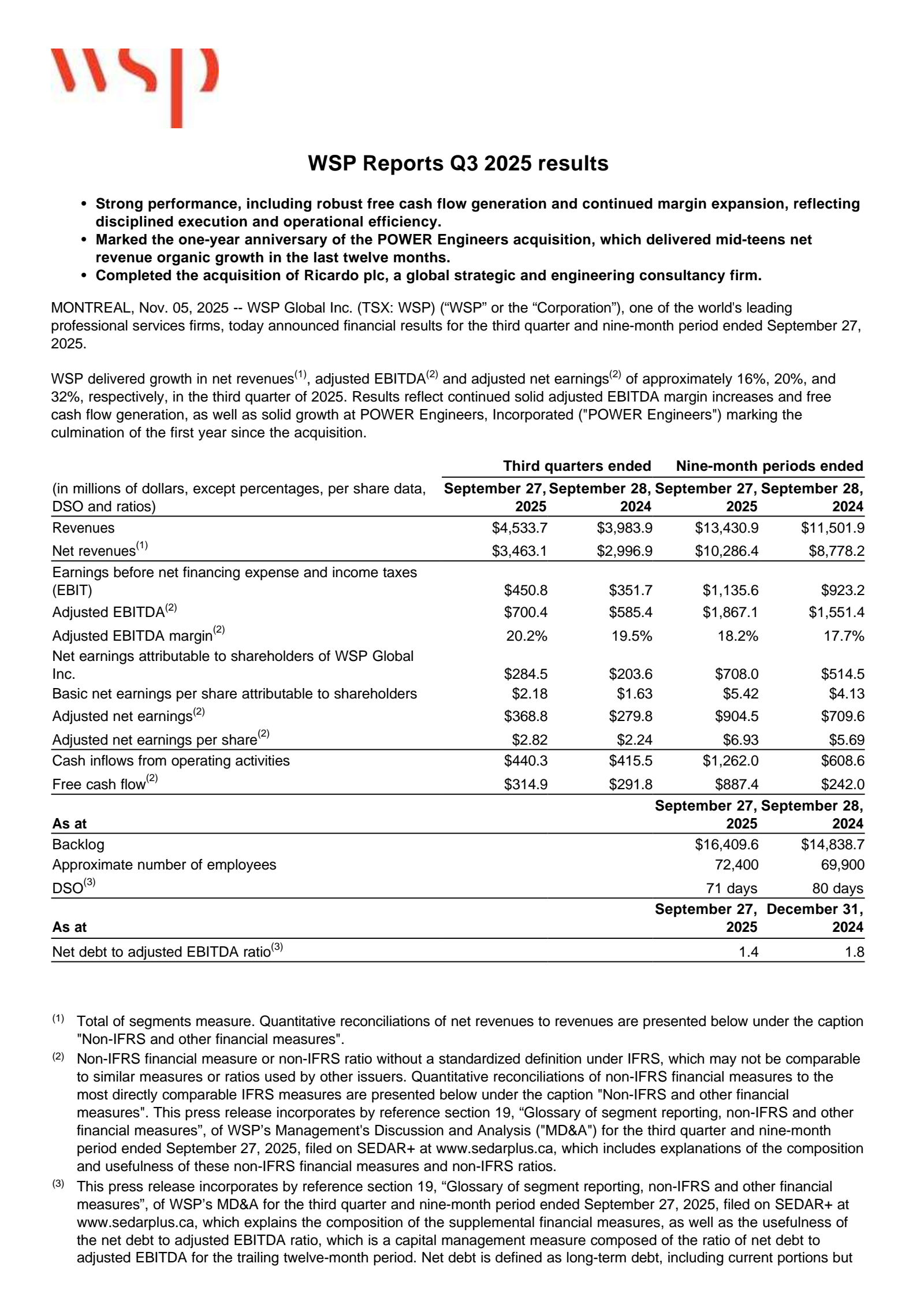 WSP Q3 2025 Earnings Report on 11/5/2025