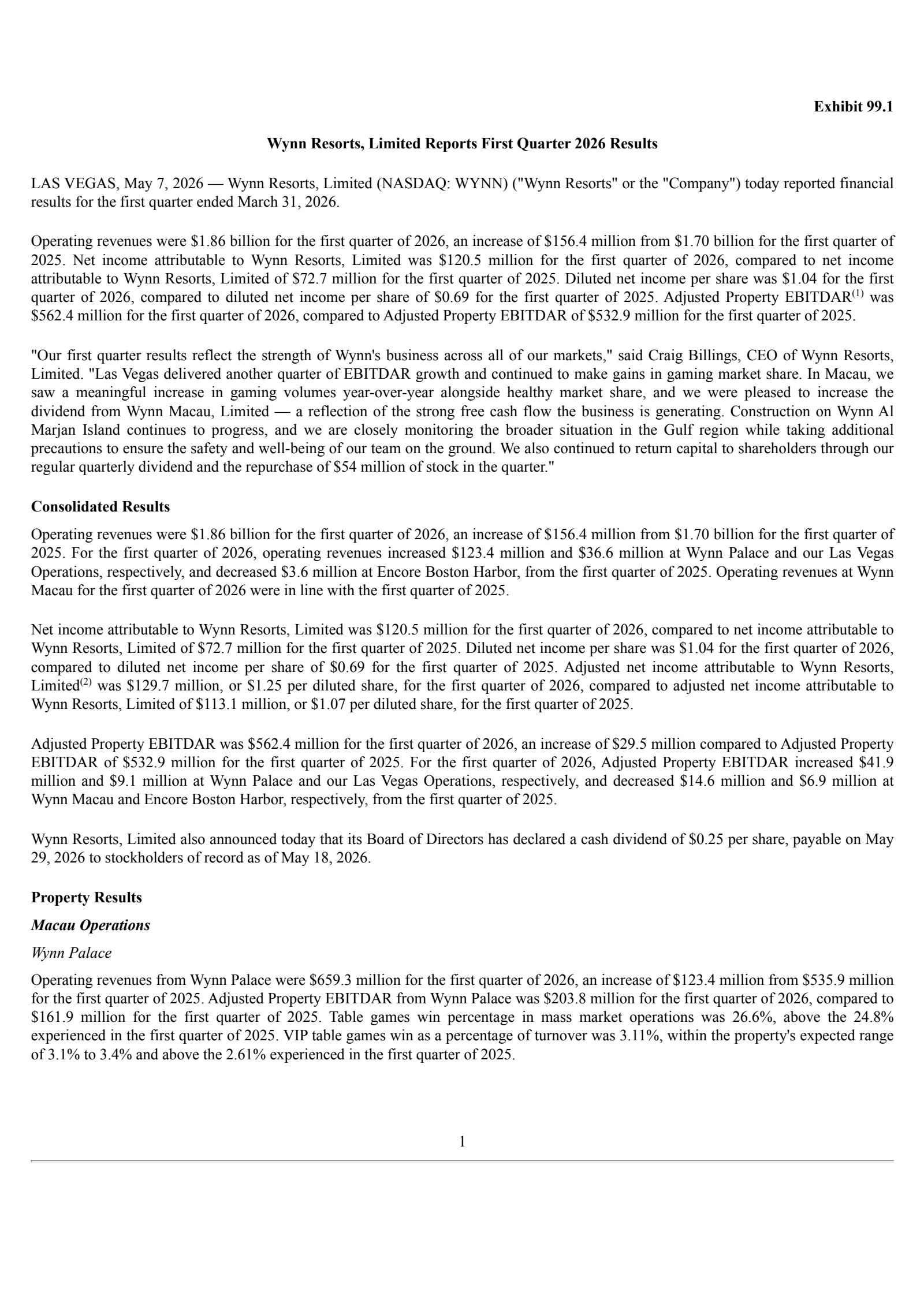 WYNN Q1 2026 Earnings Report on 5/7/2026