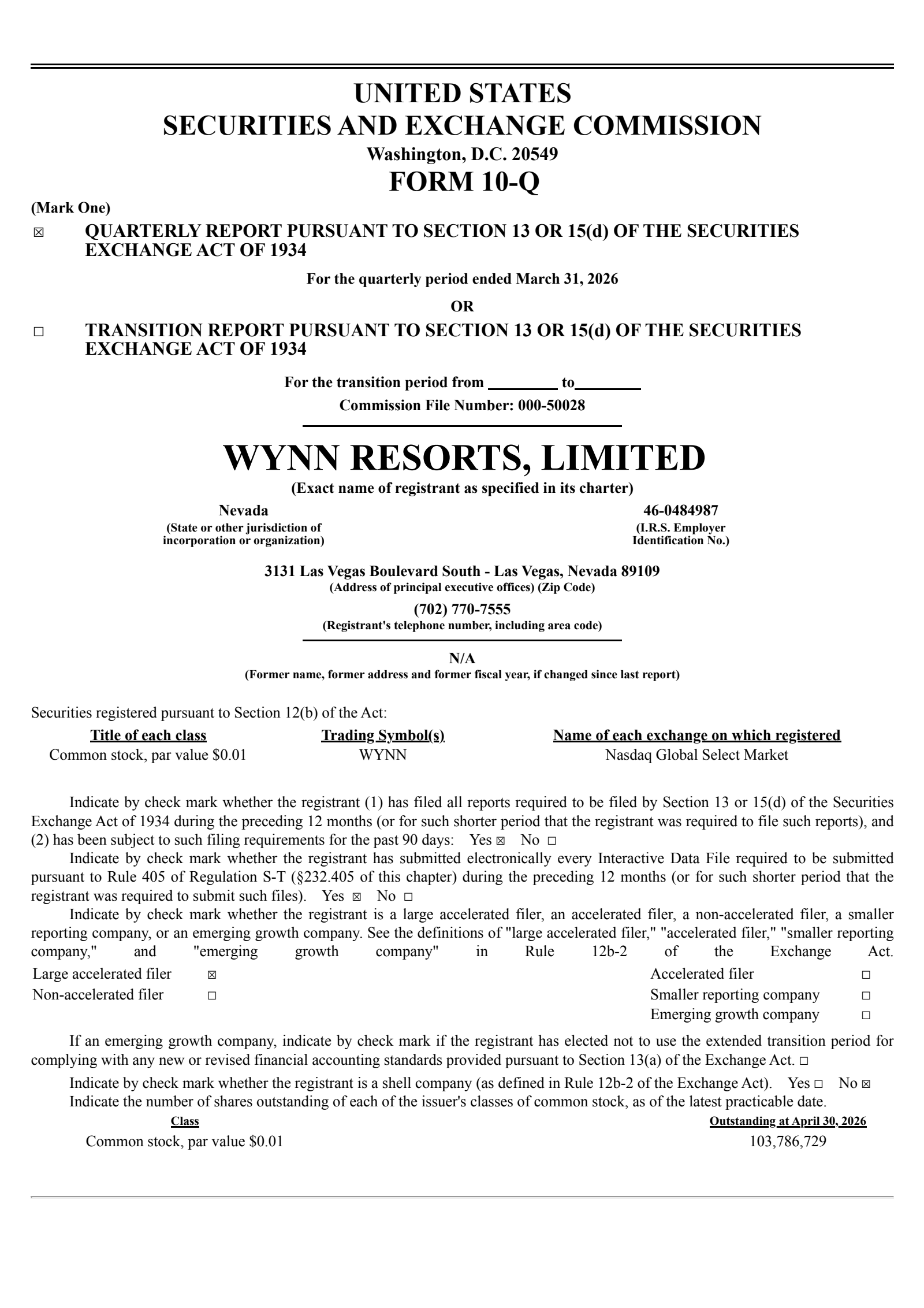 WYNN Q1 2026 Earnings Report on 5/7/2026