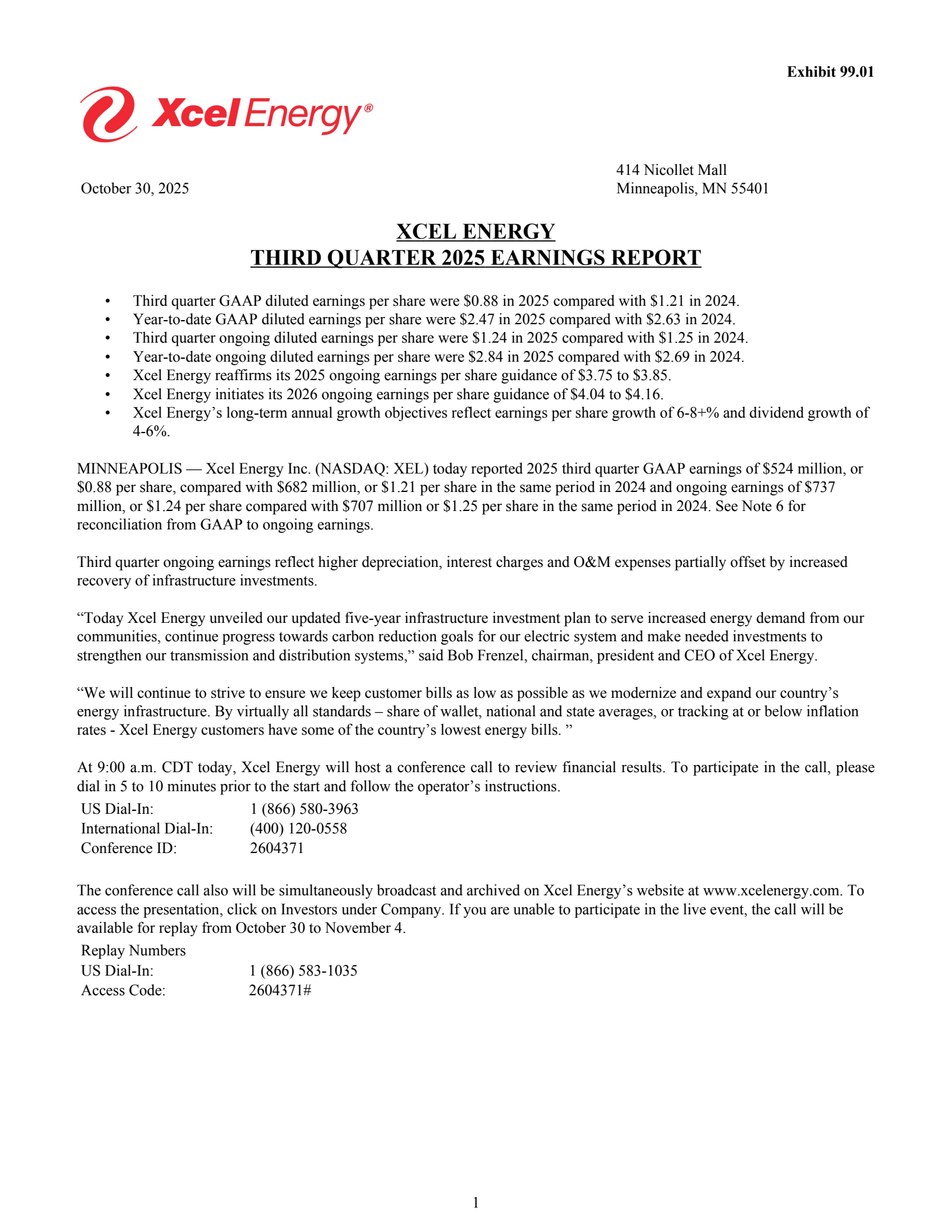 XEL Q3 2025 Earnings Report on 10/29/2025